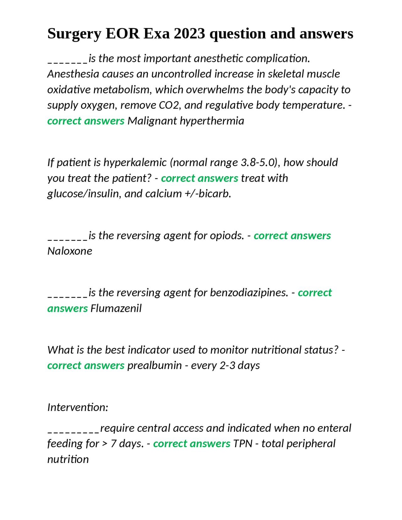 Surgery EOR Exa 2023 question and answers | Exams Nursing | Docsity