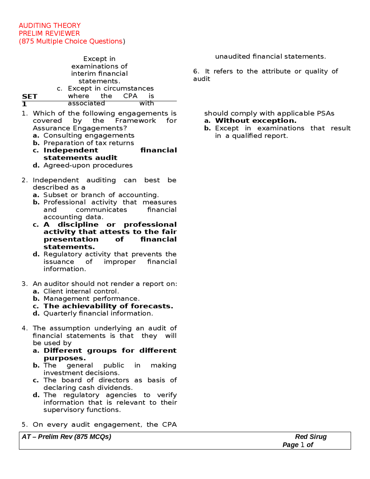 AUDITING THEORY PRELIM REVIEWER (875 Multiple Choice Questions) | Exams Business Economics | Docsity
