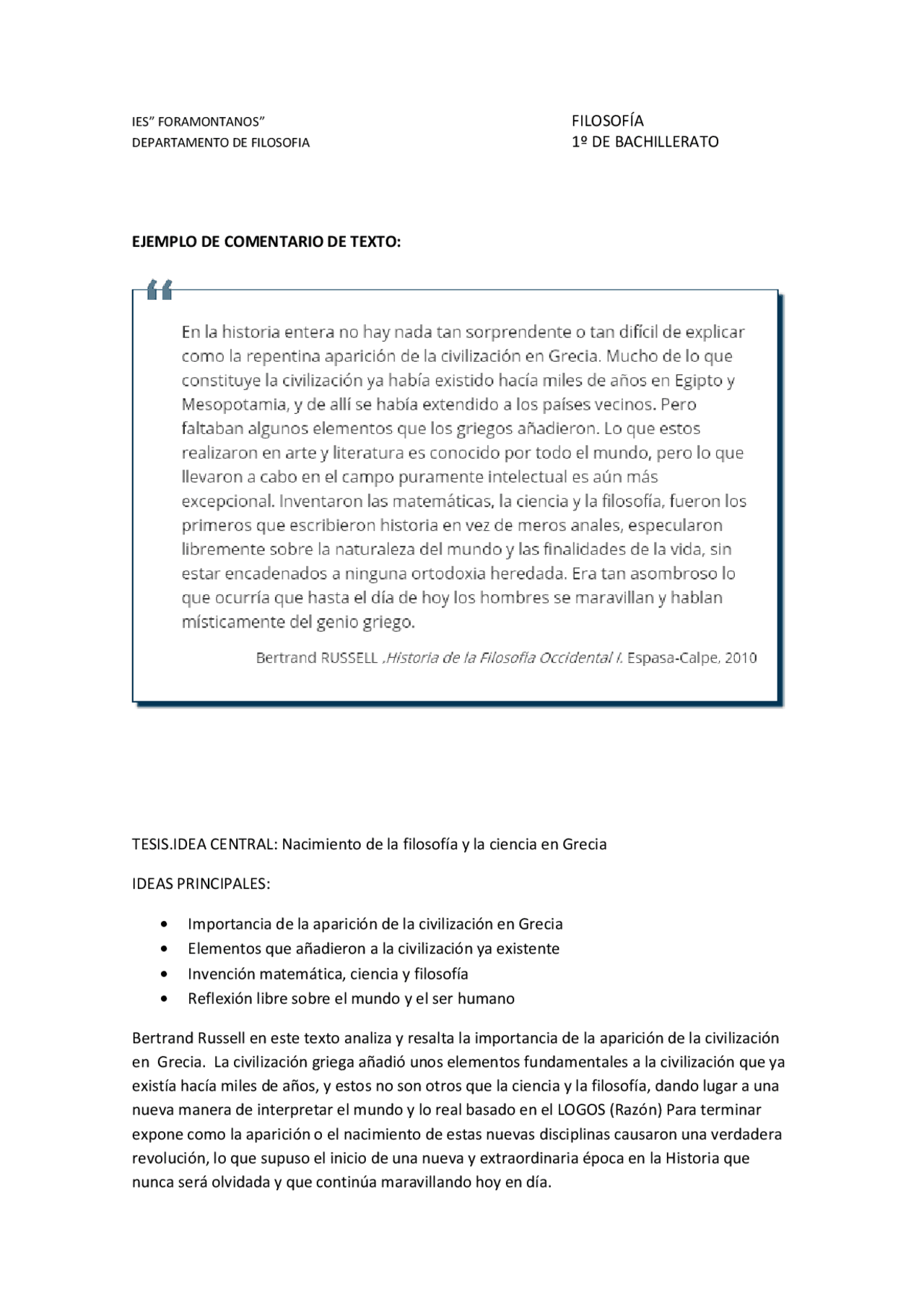 Comentario De Texto Primero De Bachillerato Ejercicios De Filosofía