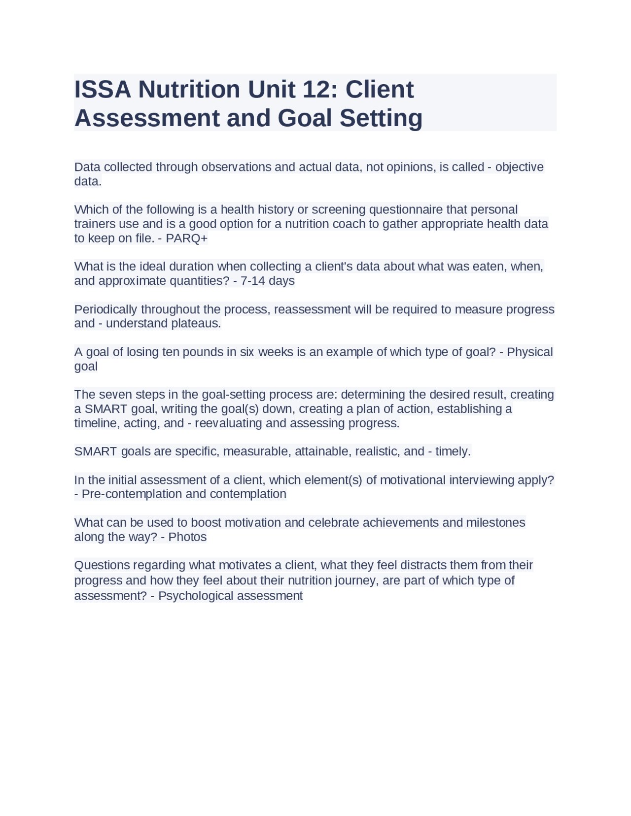 ISSA Nutrition Unit 12: Client Assessment and Goal Setting | Exams ...