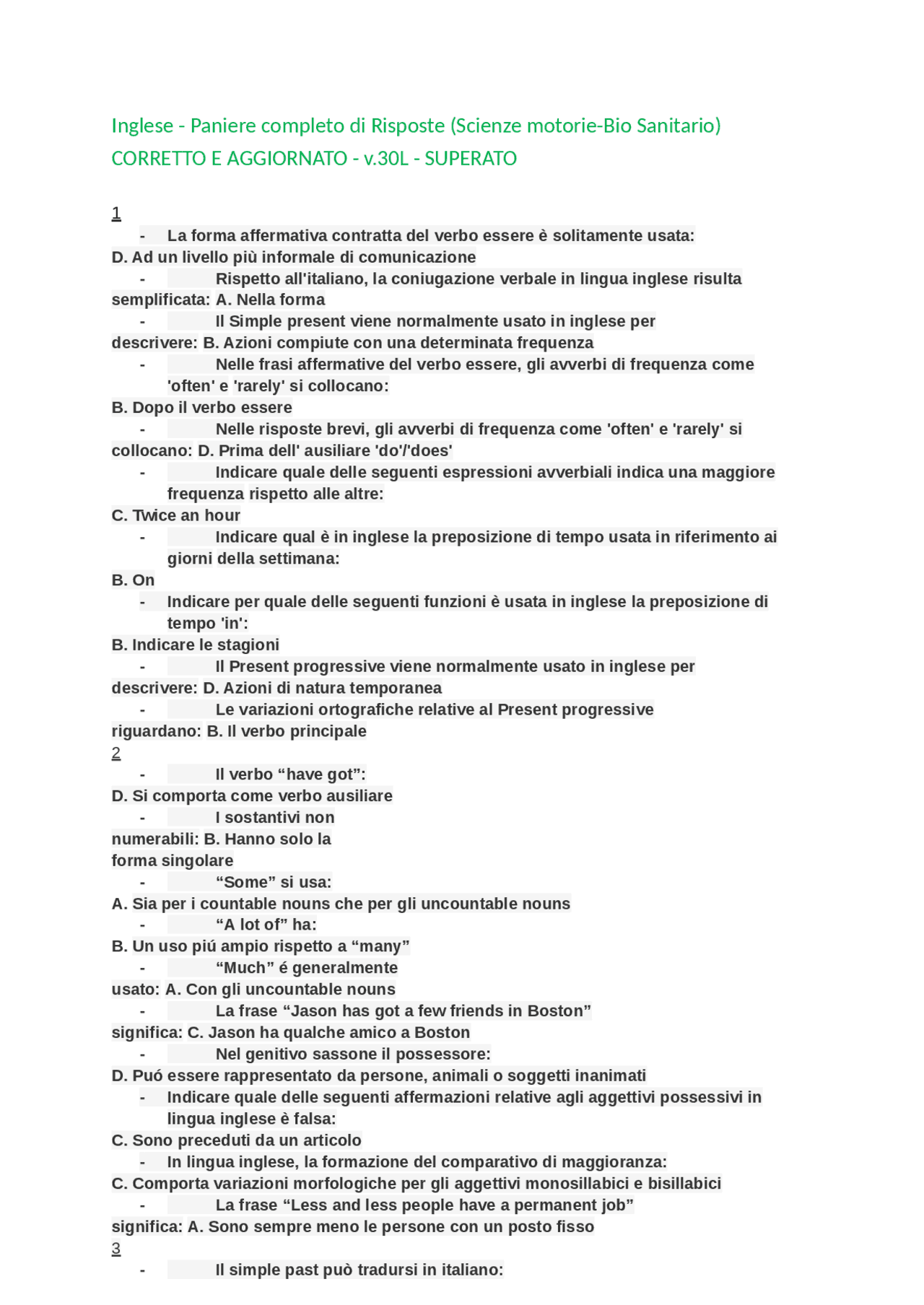 Inglese - Paniere completo di Risposte (Scienze motorie-Bio Sanitario) - CORRETTO E AGGIOR ...