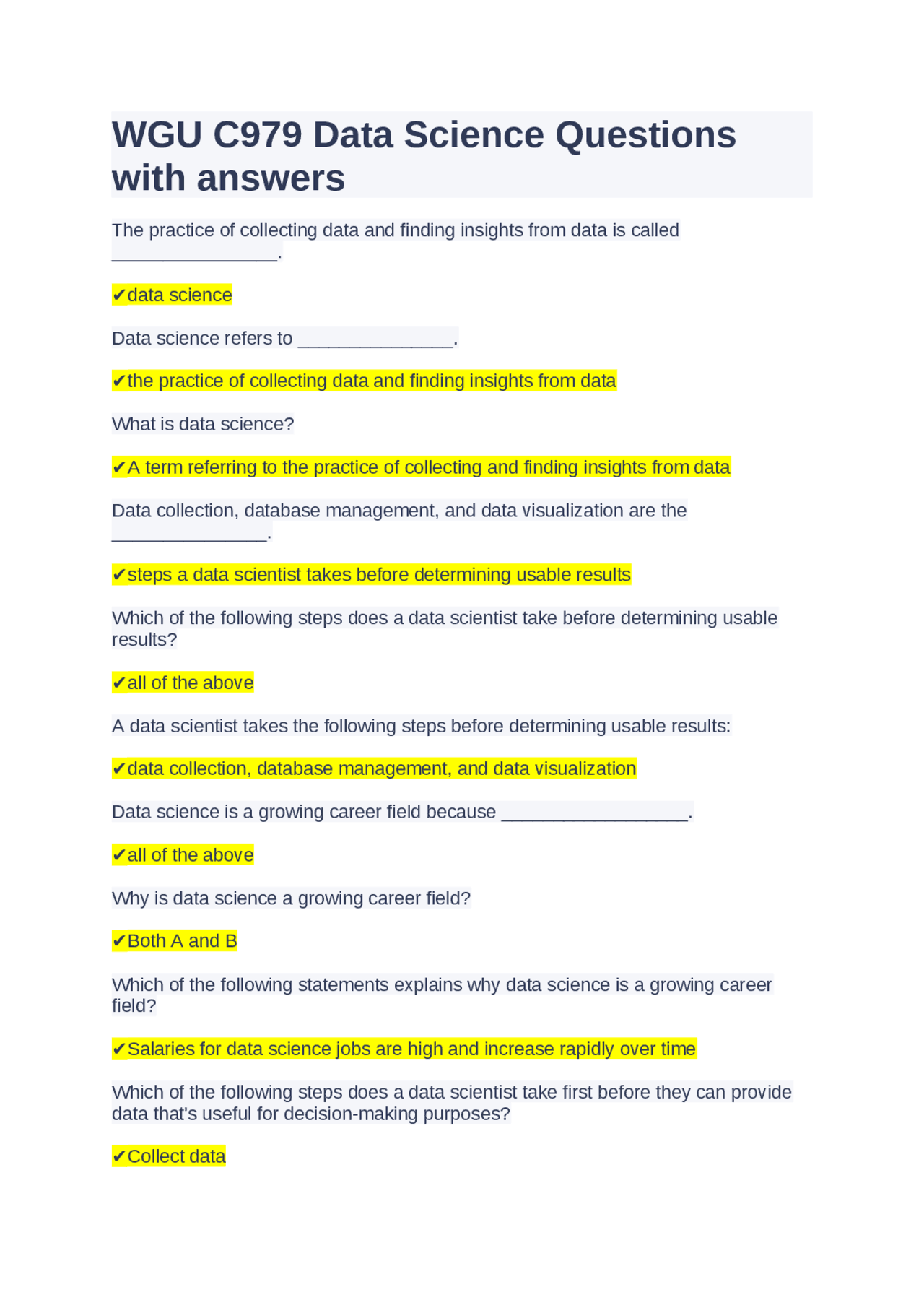 WGU C979 Data Science Questions with answers | Exams Data Analysis & Statistical Methods | Docsity