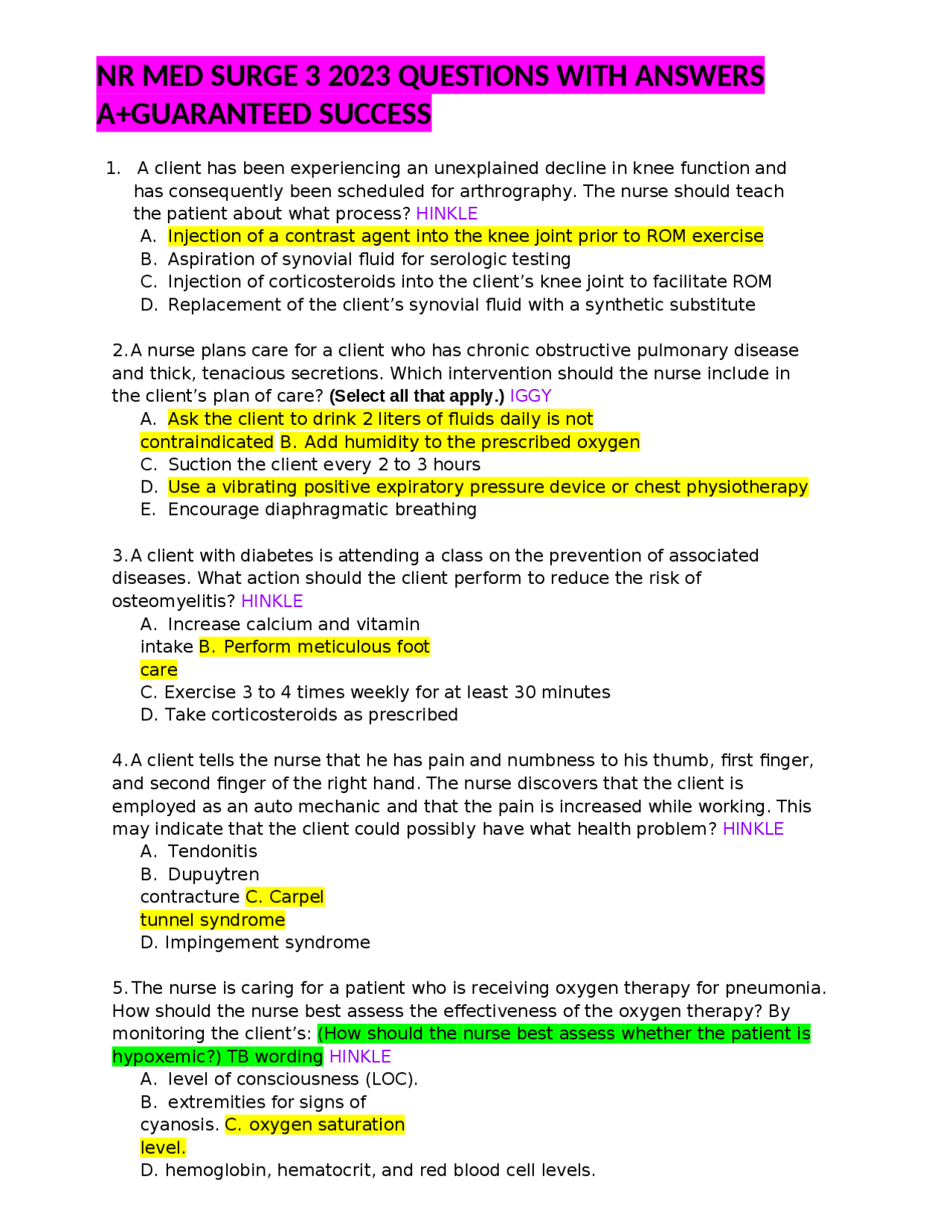 Nr Med Surge 3 2023 Questions With Answers Aguaranteed Success Exams