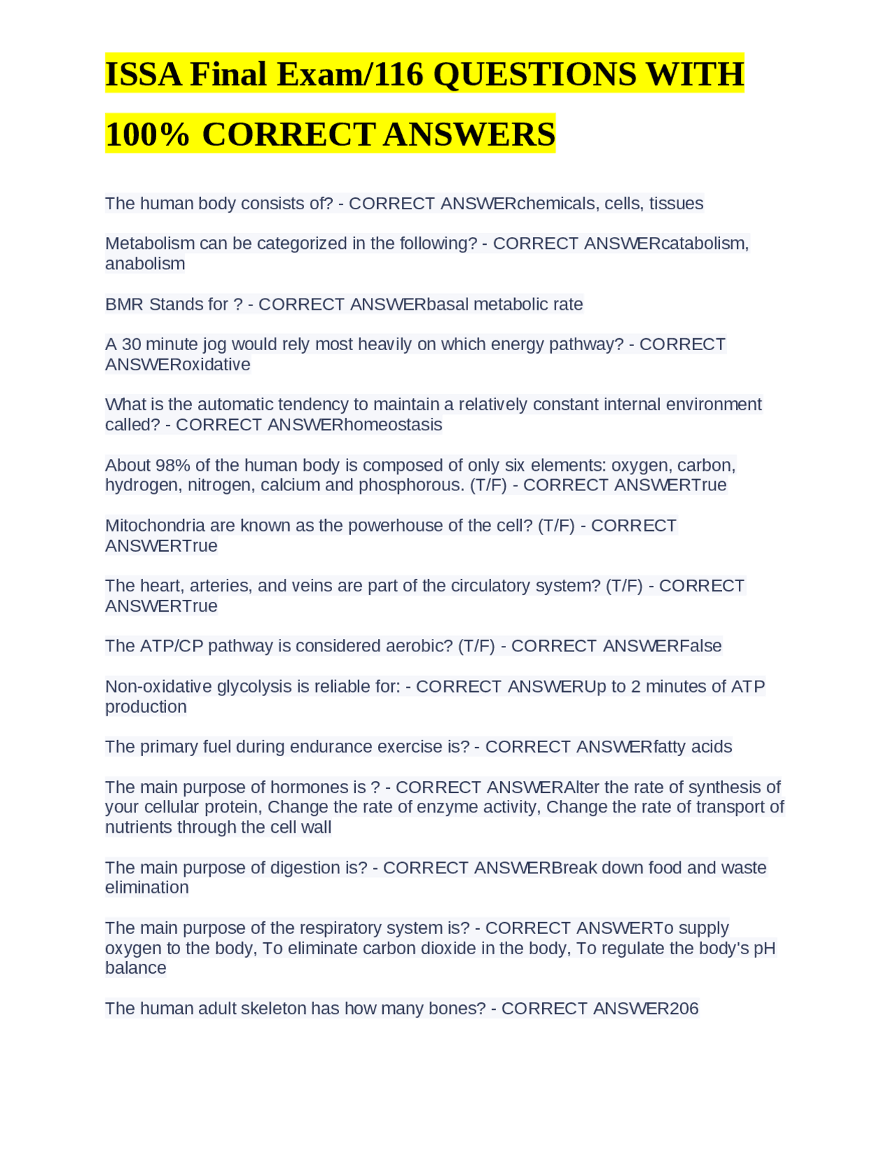 ISSA Final Exam/116 QUESTIONS WITH 100% CORRECT ANSWERS | Exams Health sciences | Docsity