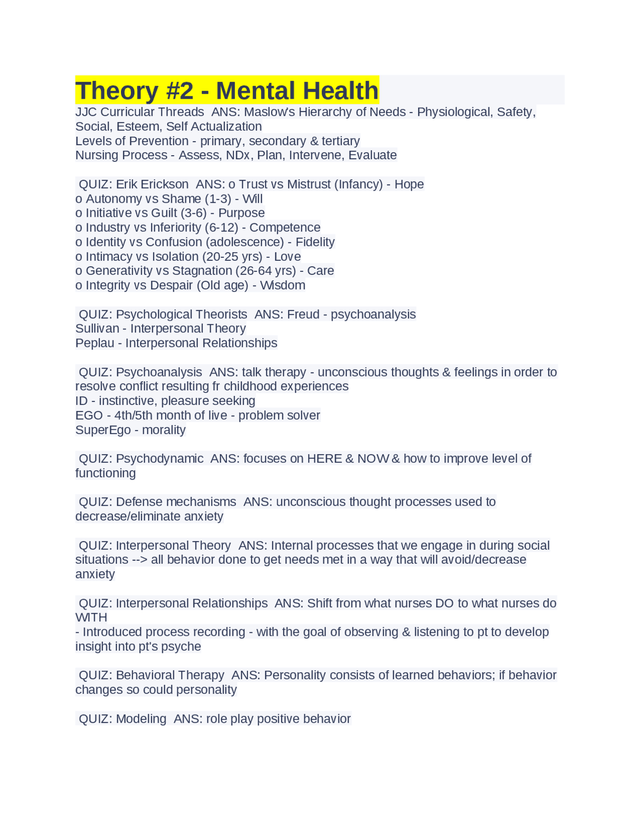 Theory #2 - Mental Health | Exams Nursing | Docsity