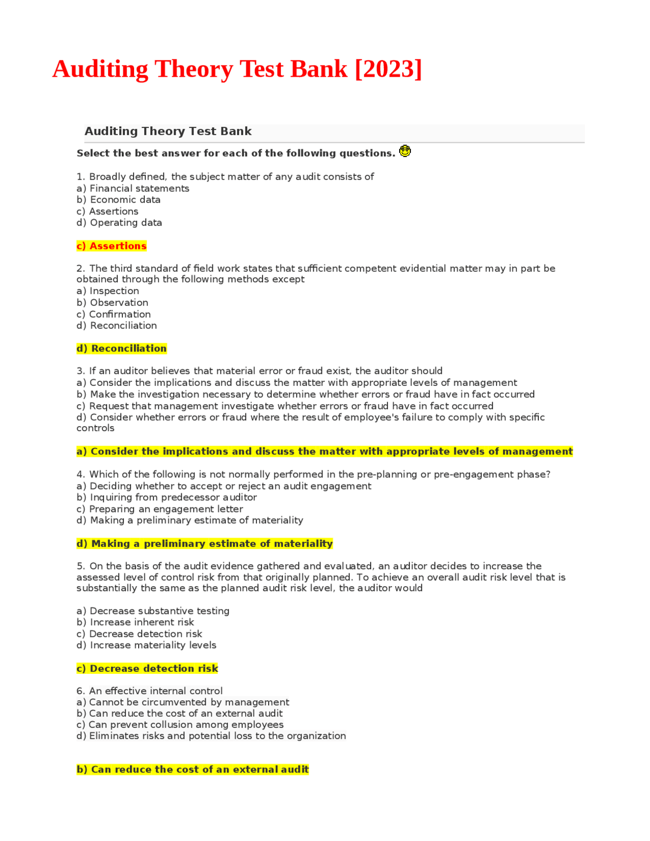 Auditing Theory Test Bank [2023] | Exams Business Economics | Docsity