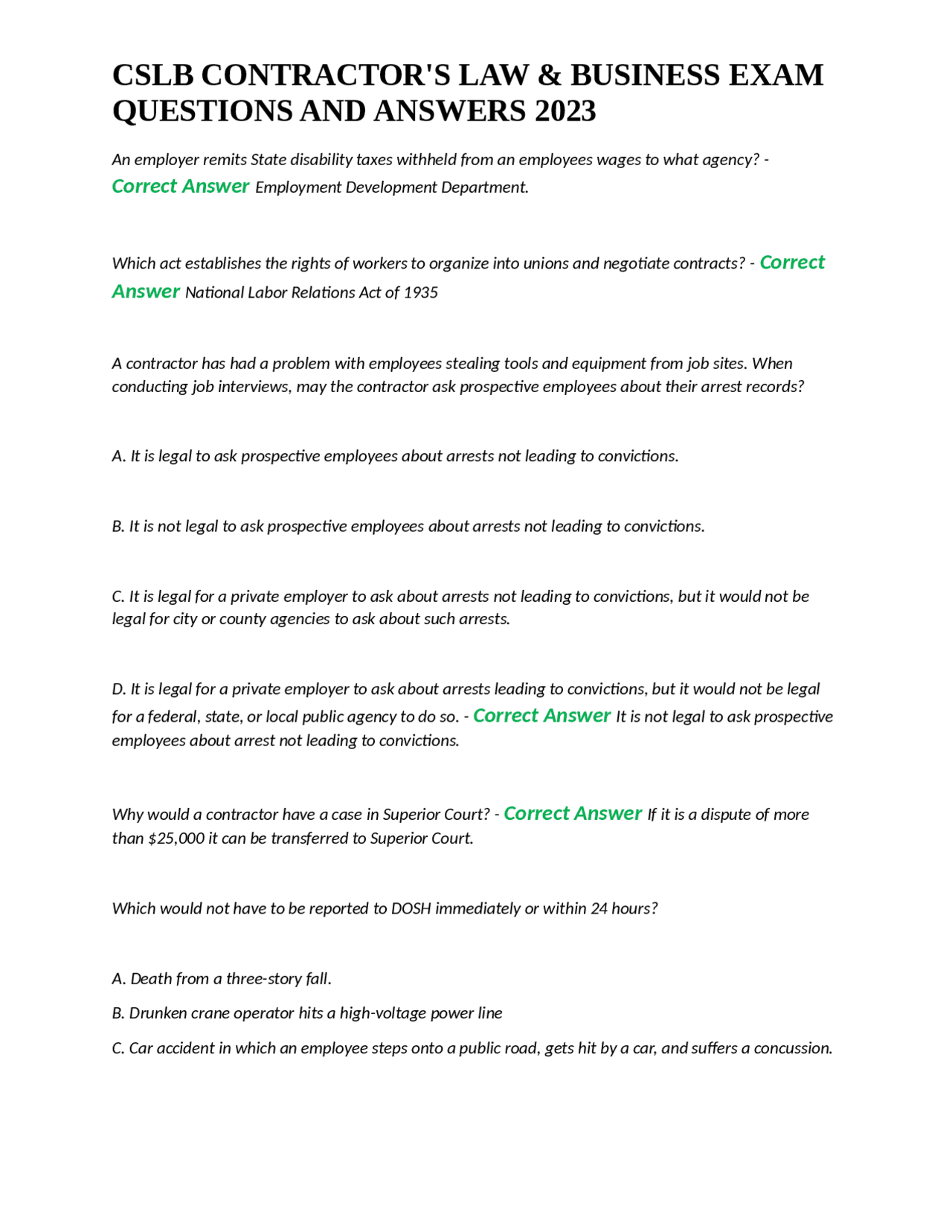 Cslb Contractors Law And Business Exam Questions And Answers 2023