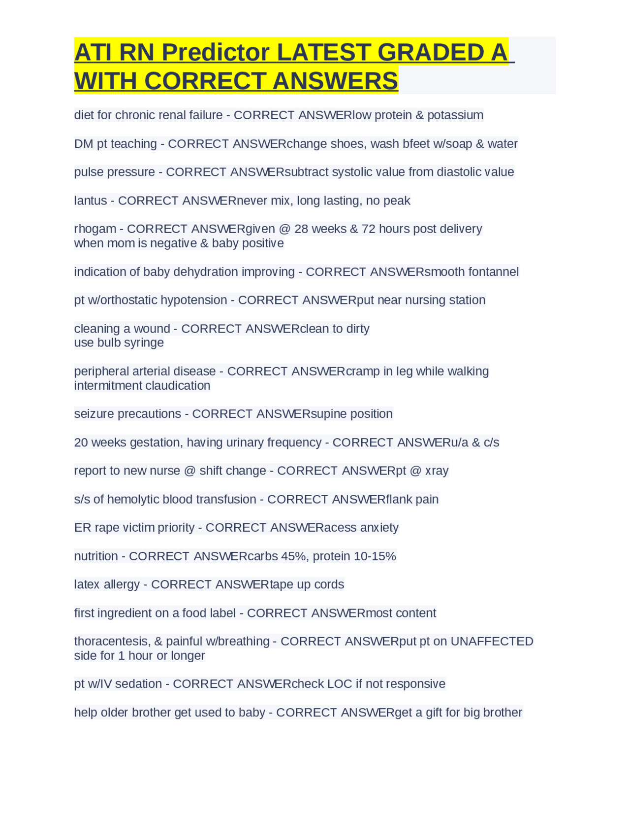 Ati Rn Predictor Latest Graded A With Correct Answers Exams Health