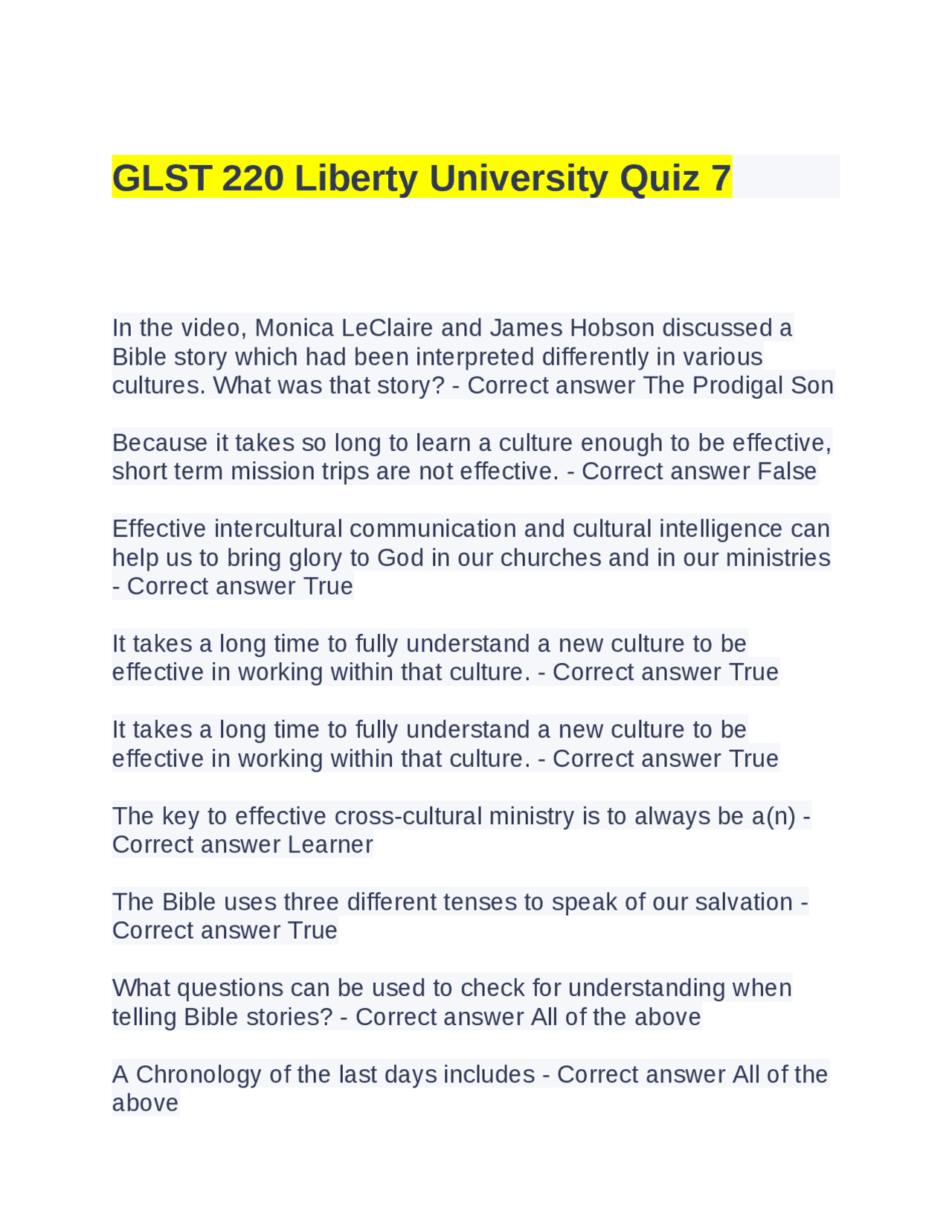 GLST 220 Liberty University Quiz 7 | Exams Statistics | Docsity