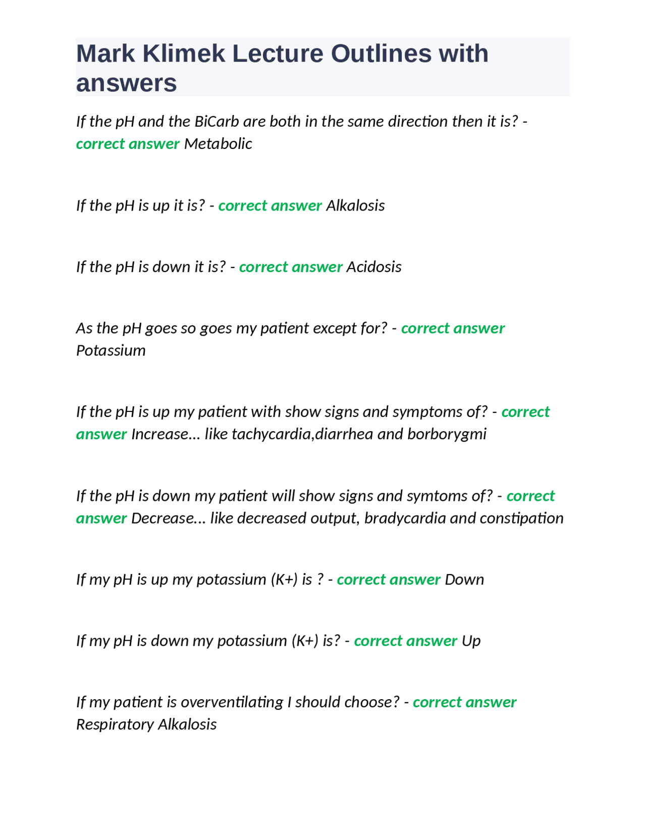 Mark Klimek Lecture Outlines with answers | Exams Nursing | Docsity