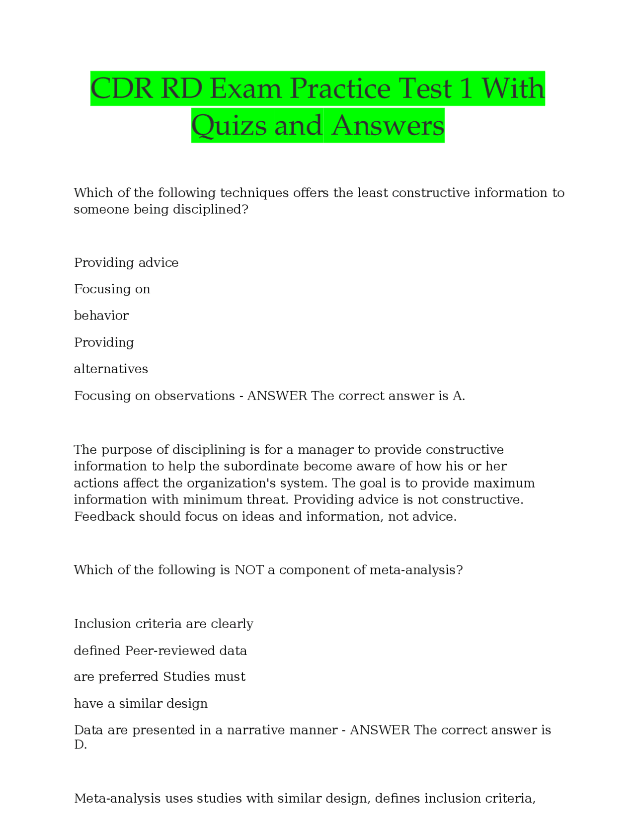 CDR RD Exam Practice Test 1 With Questions and Answers Graded A+ 2023 ...