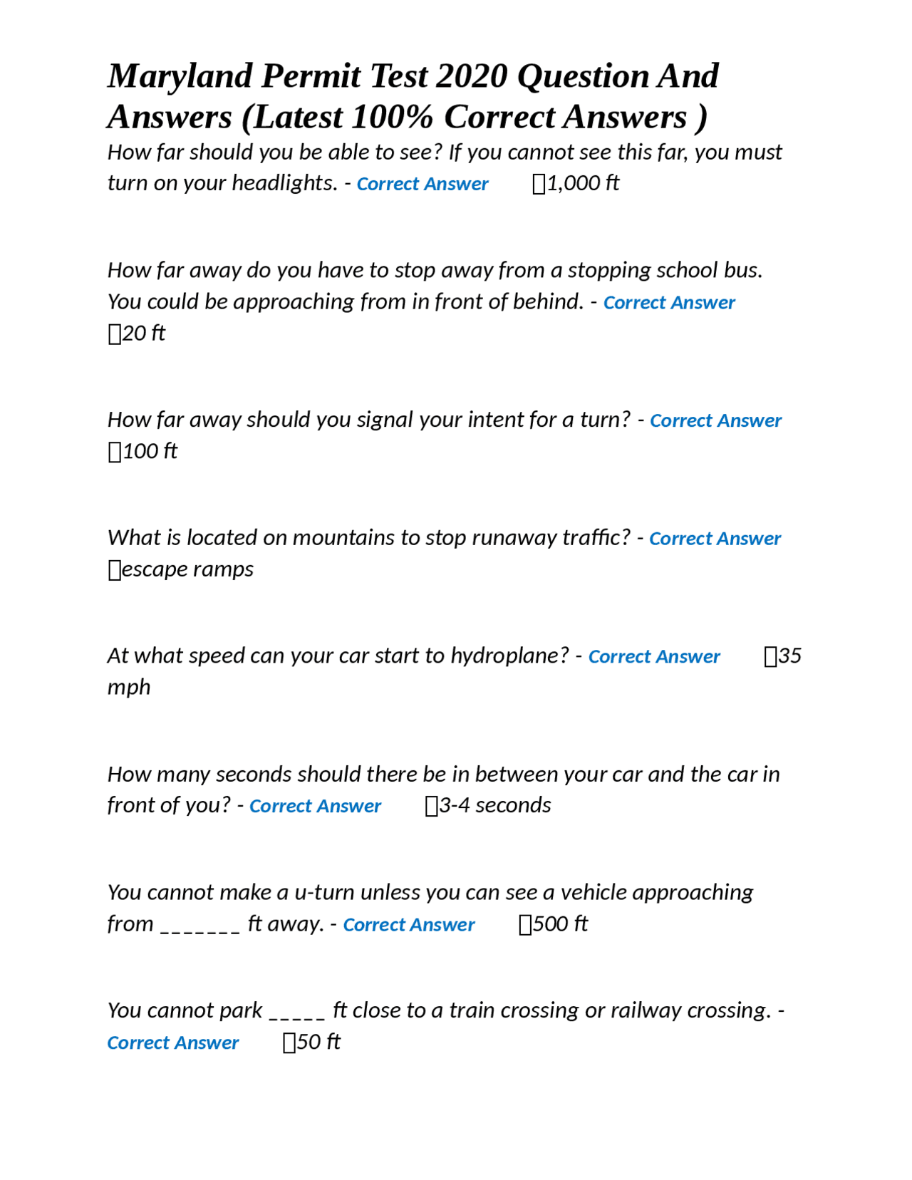 Maryland Permit Test 2020 Question And Answers | Exams Nursing | Docsity