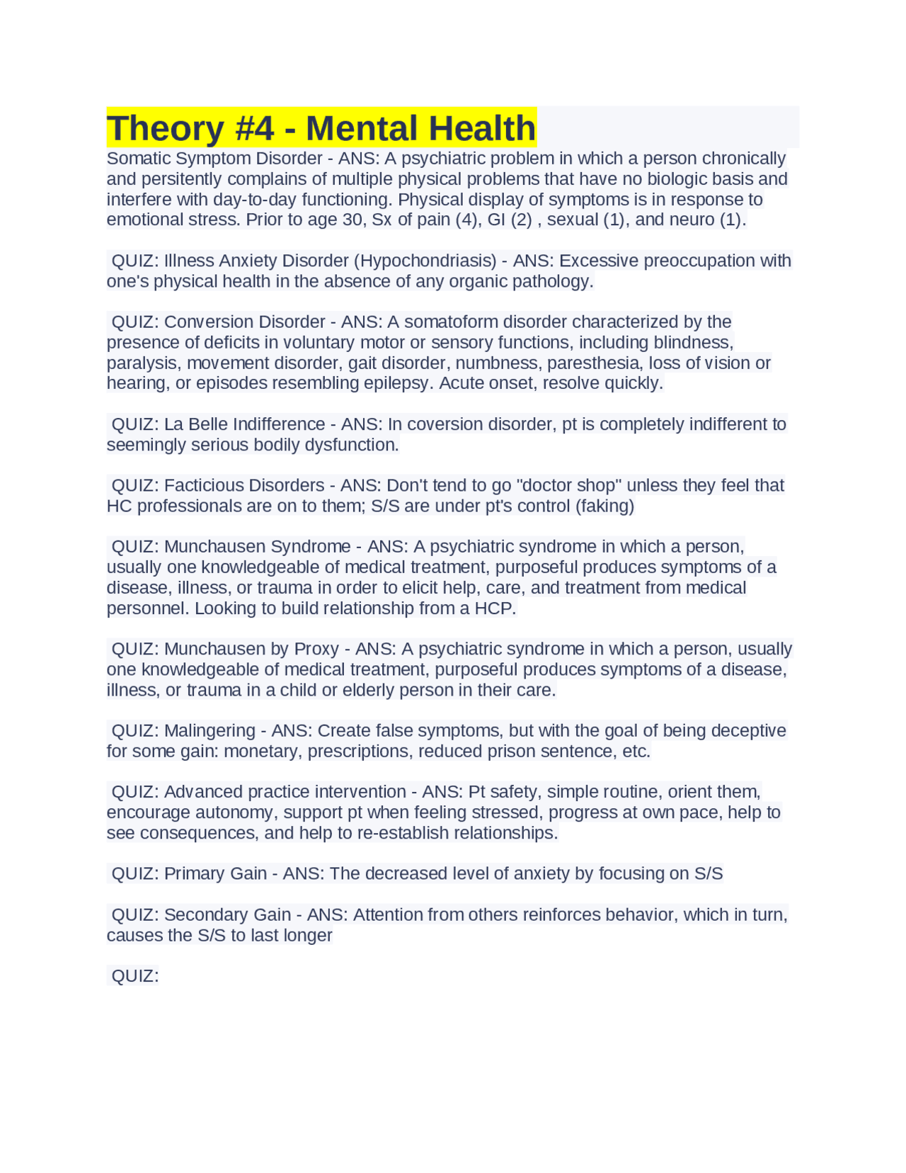 Theory #4 - Mental Health | Exams Nursing | Docsity