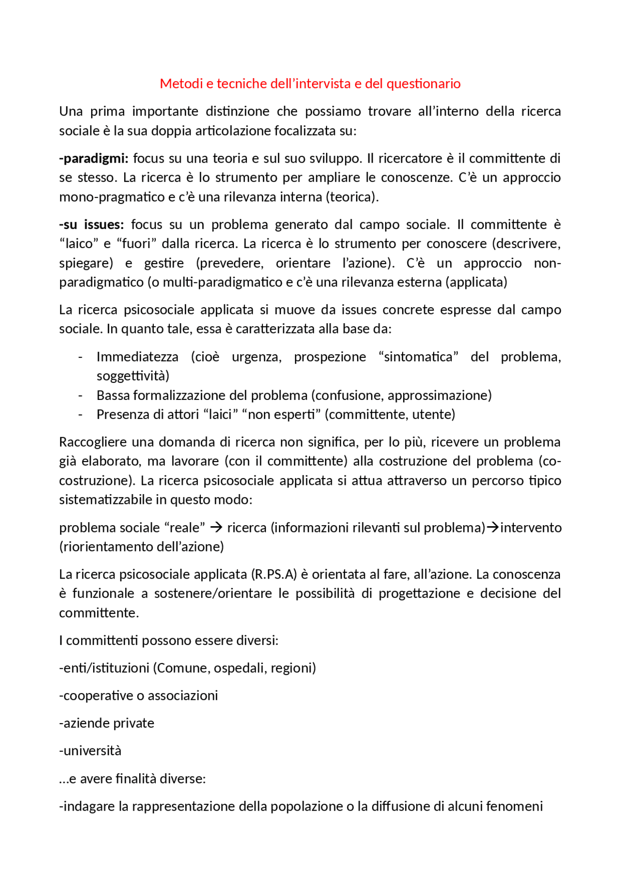 Metodi E Tecniche Dellintervista E Del Questionario Appunti Di