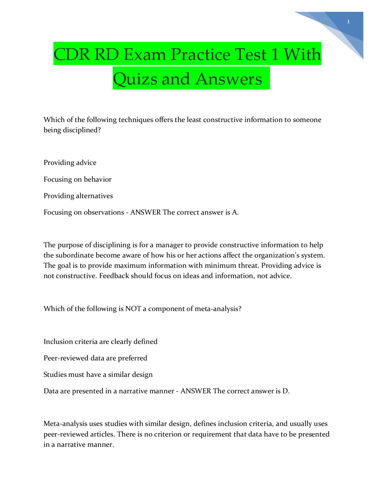 CDR RD Exam Practice Test 1 With Questions and Answers Graded A+ 2023 ...