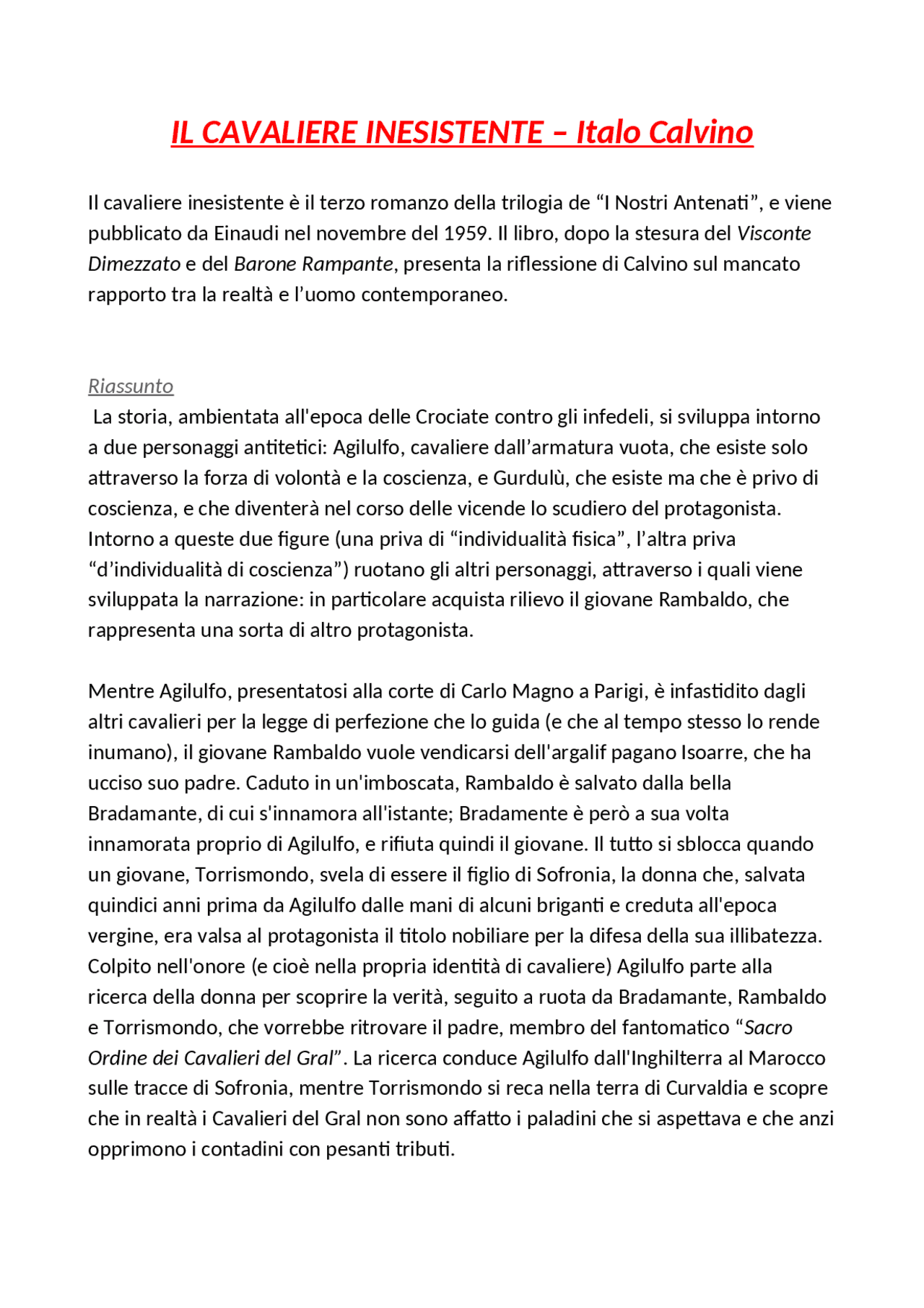 Relazione De Il Cavaliere Inesistente Di Italo Calvino Appunti Di