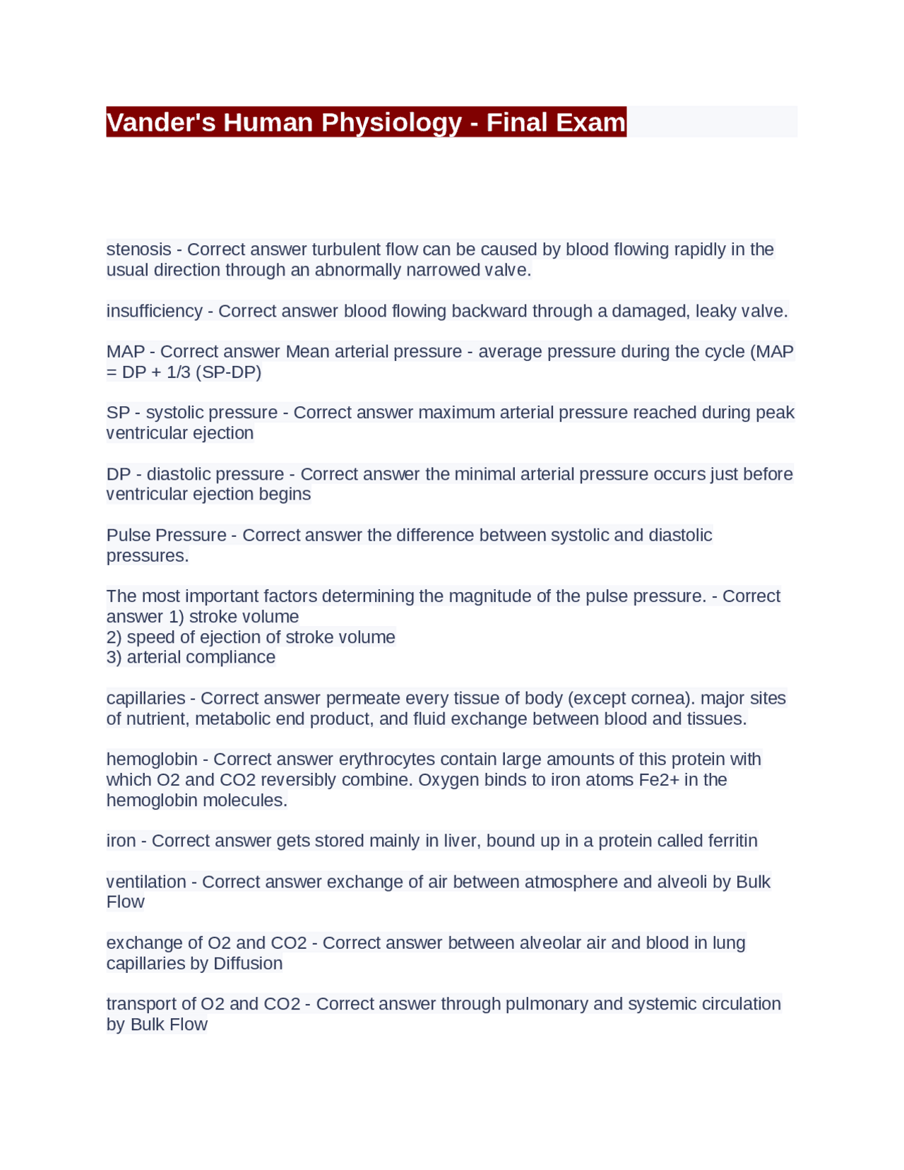 Vander's Human Physiology - Final Exam | Exams Medicine | Docsity