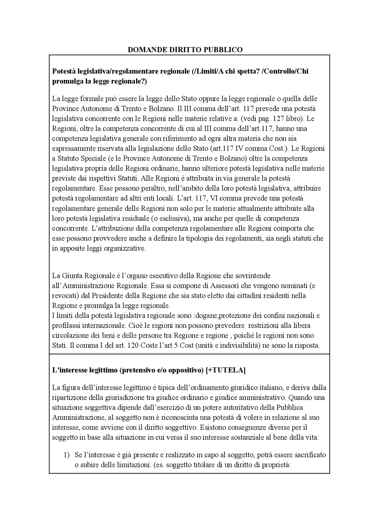 Domande esame diritto pubblico prof Marotta RomaTre | Prove d'esame di Diritto Pubblico | Docsity