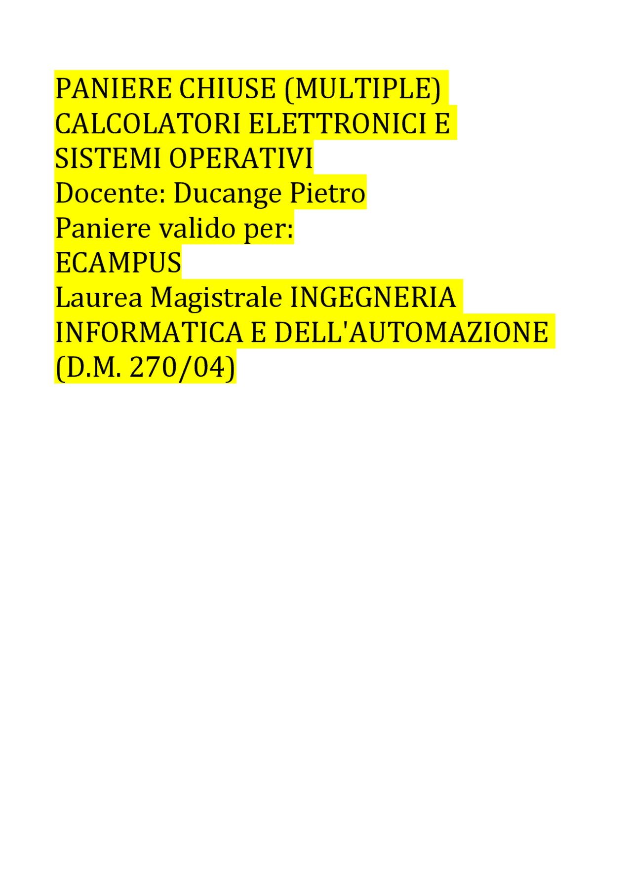 Paniere Chiuse Multiple Calcolatori Elettronici E Sistemi Operativi