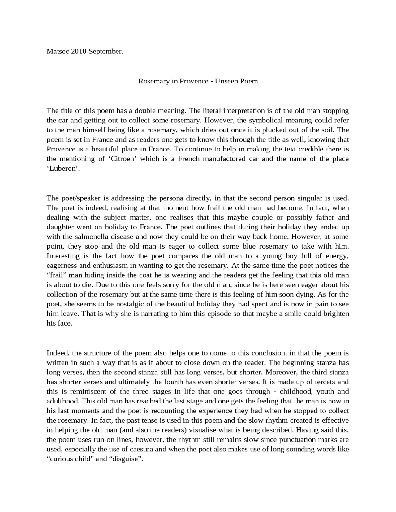 An unseen poem analysis | Essays (high school) English | Docsity