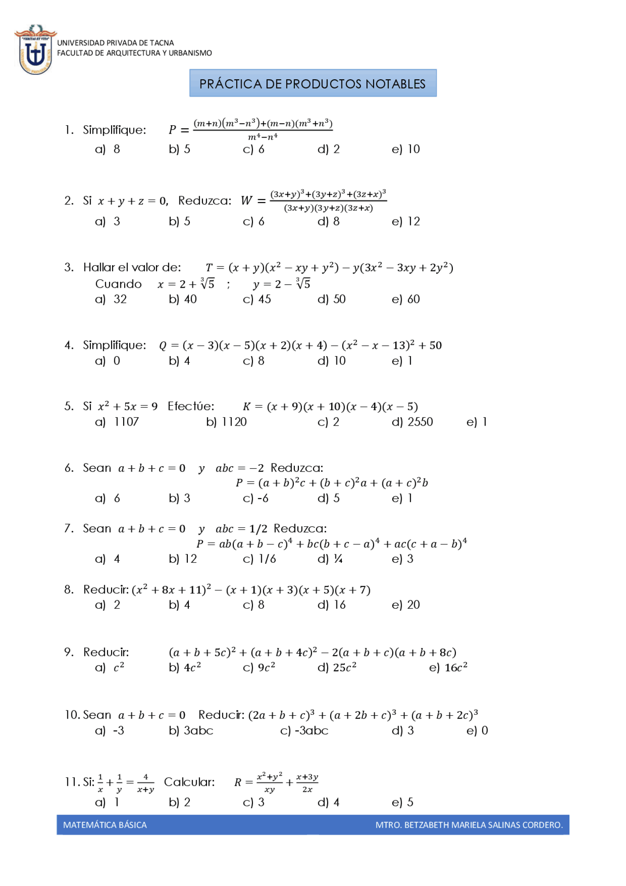 Tema Productos Notables Ejercicios De Matemáticas Aplicadas Docsity