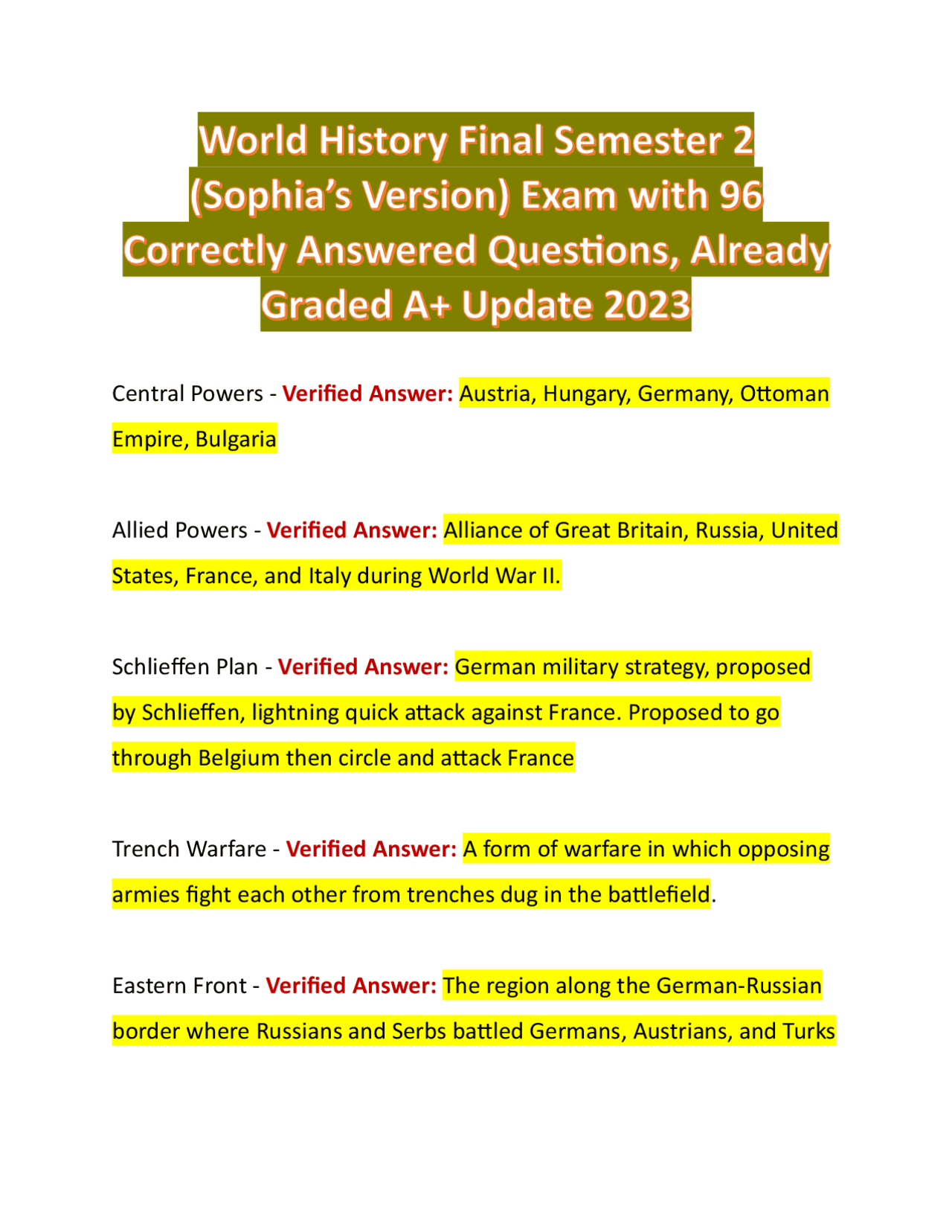 World History Final Semester 2 (Sophia’s Version) Exam with 96 ...
