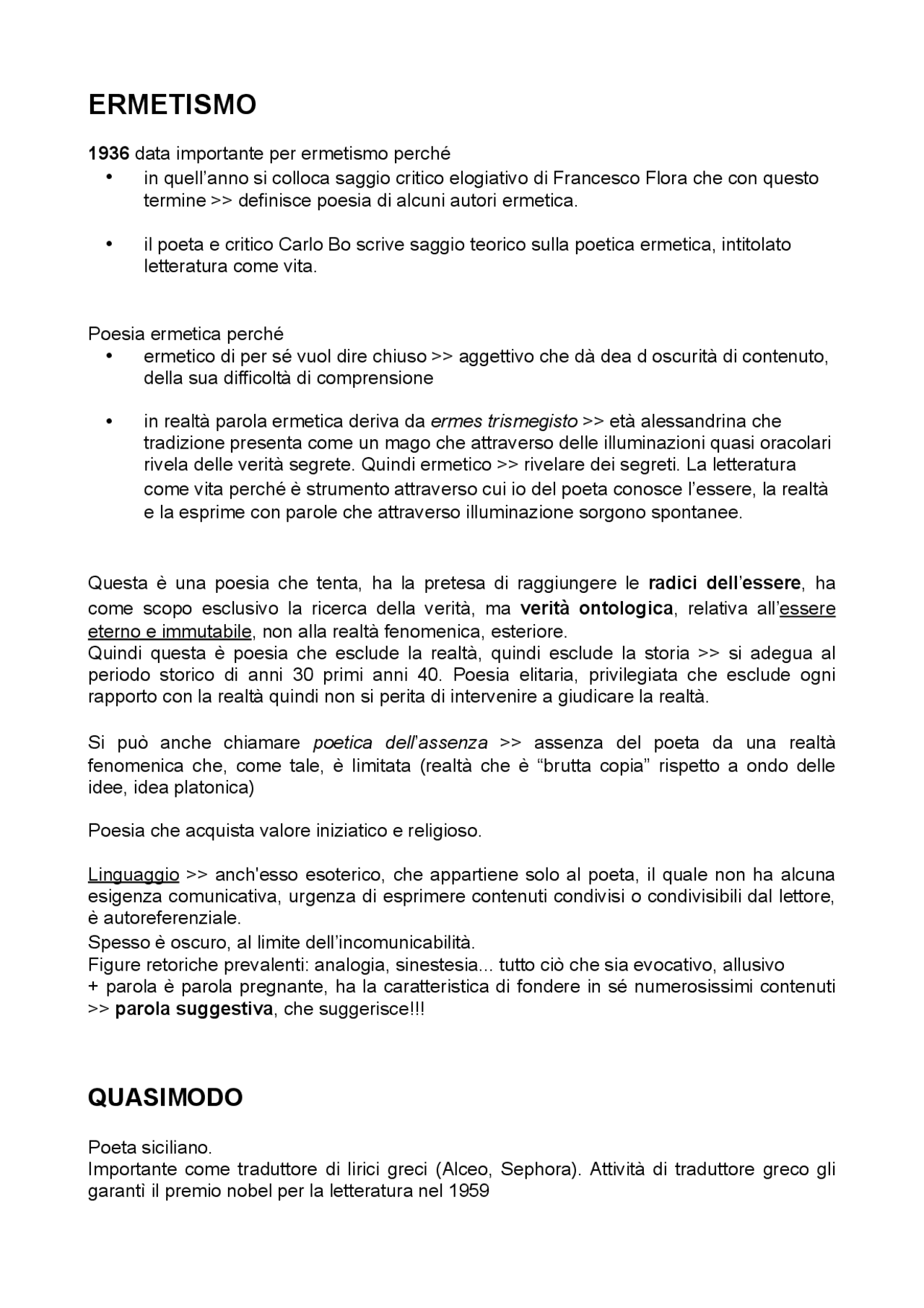 Appunti Di Italiano Sullermetismo Quasimodo E Saba Appunti Di