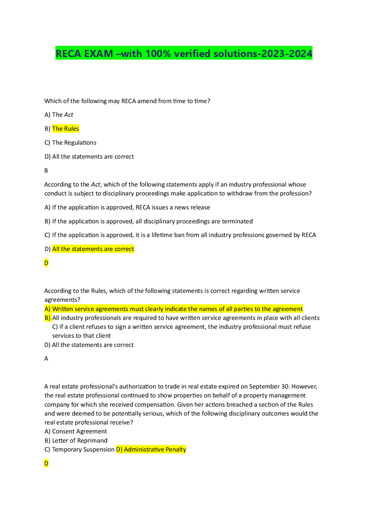 RECA EXAM –with 100% verified solutions-2023-2024 | Exams Nursing | Docsity