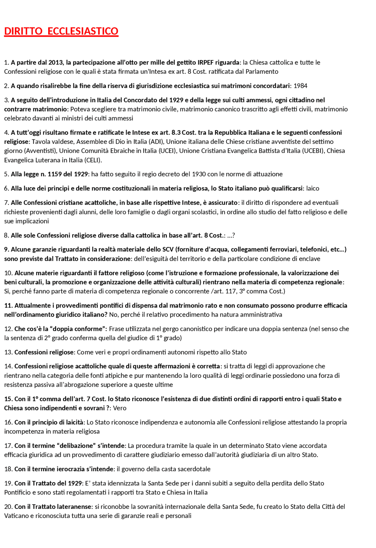 Banca Dati Domande E Risposte Diritto Ecclesiastico Prove Desame Di