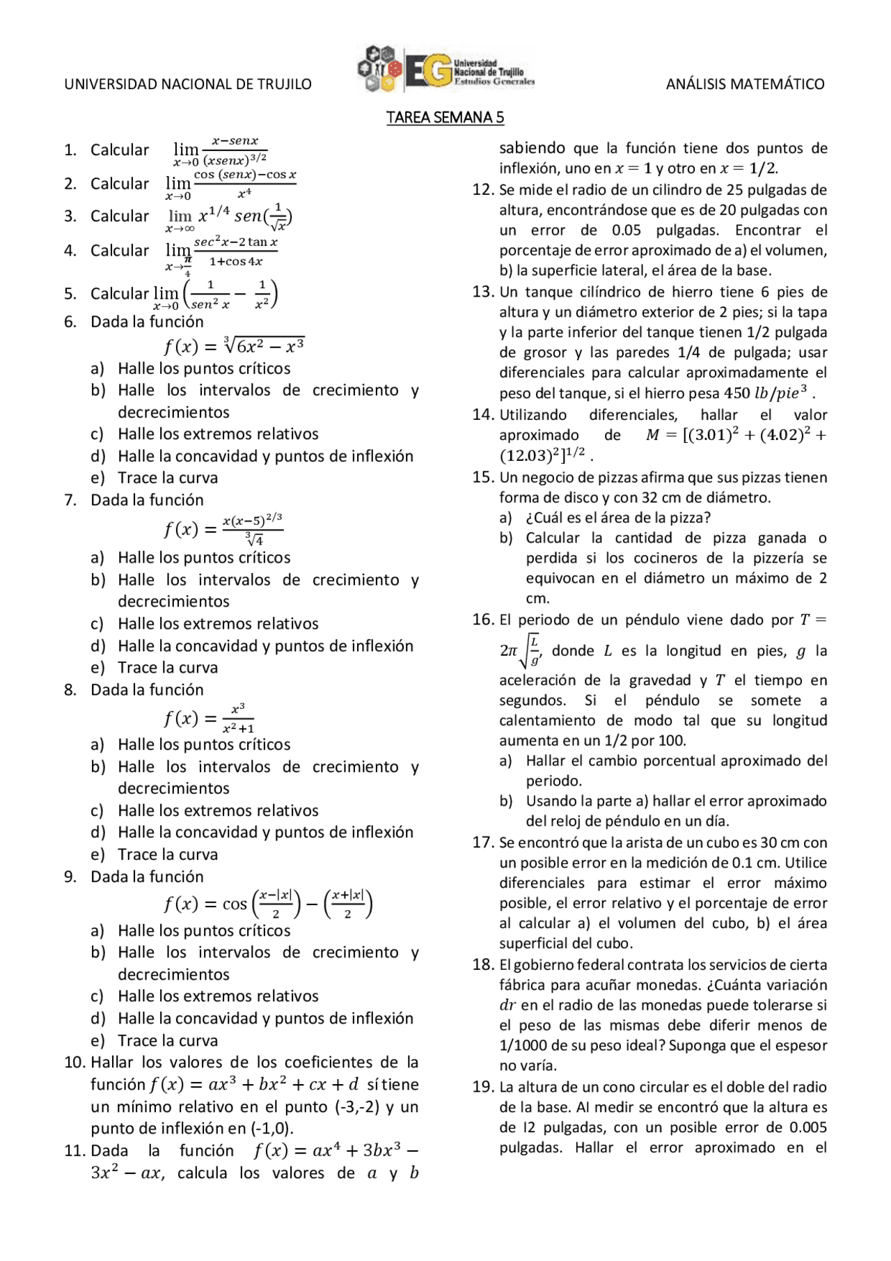 Tarea 5 Analisis Matematico I Ejercicios De Análisis Matemático Docsity