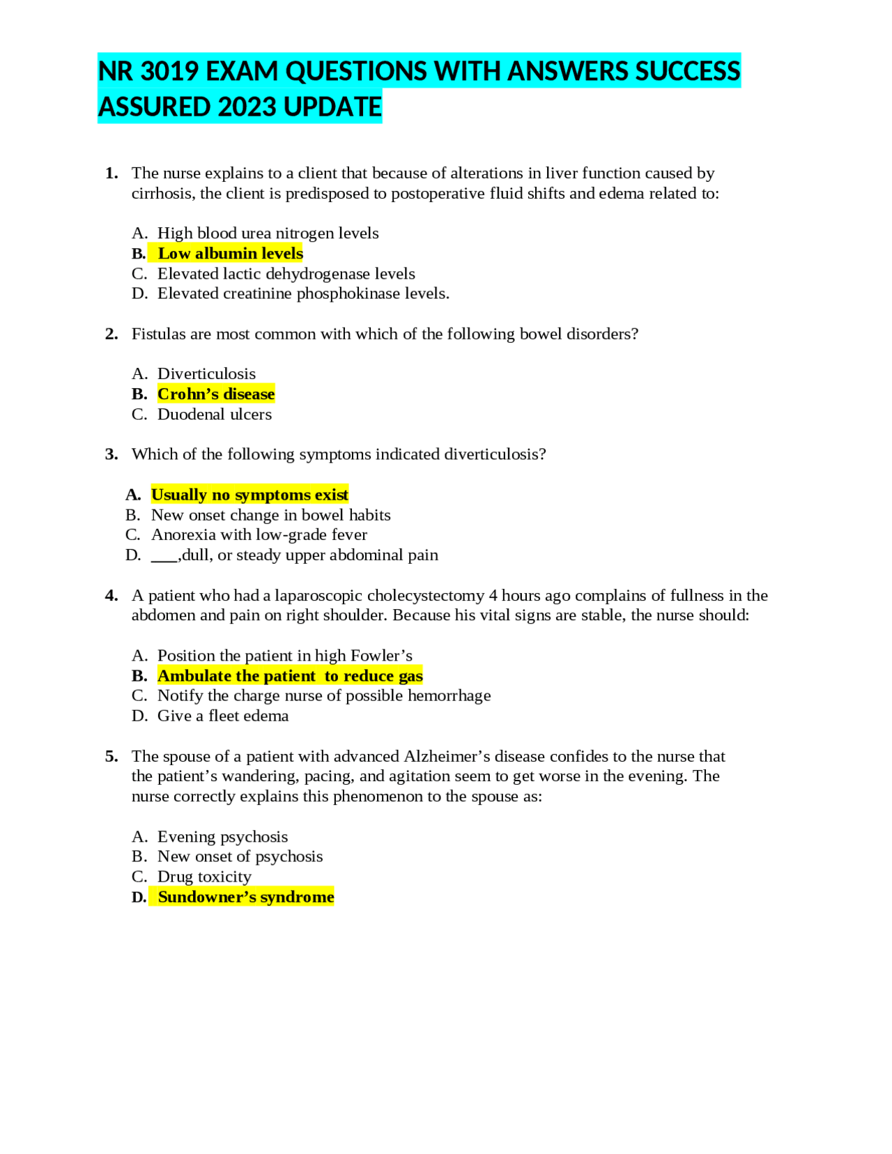 Nr 3019 Exam Questions With Answers Success Assured 2023 Update Exams