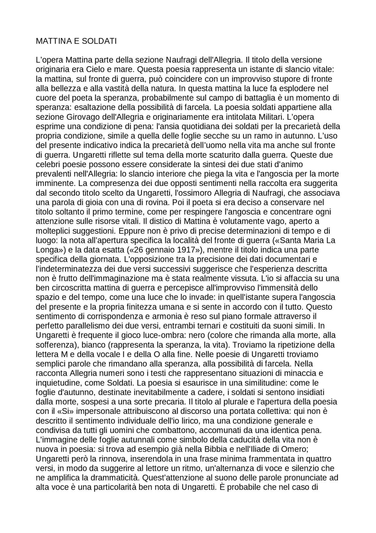 Mattina E Soldati Opera Di Ungaretti Appunti Di Italiano Docsity