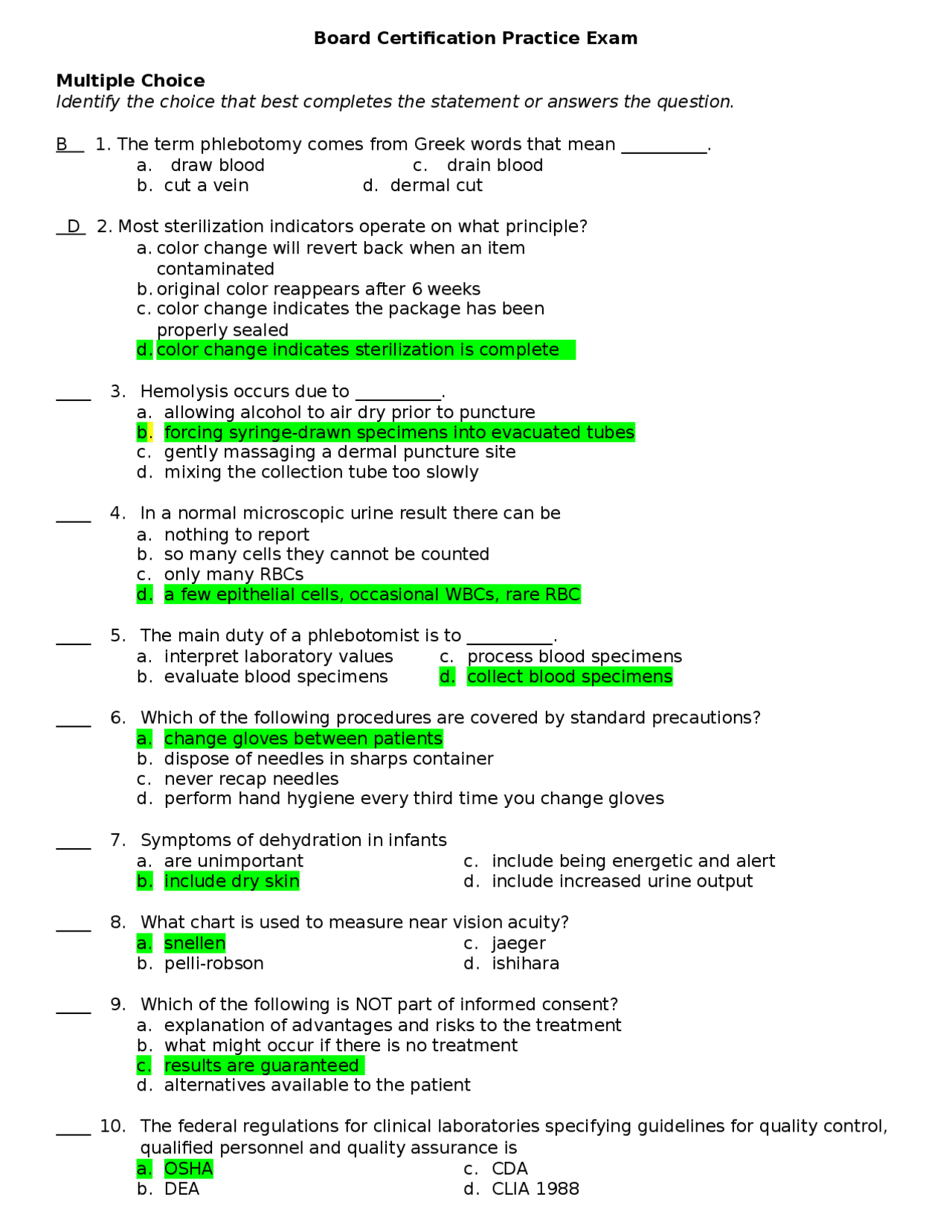 Board Certification Practice Exam Multiple Choice Identify the choice ...