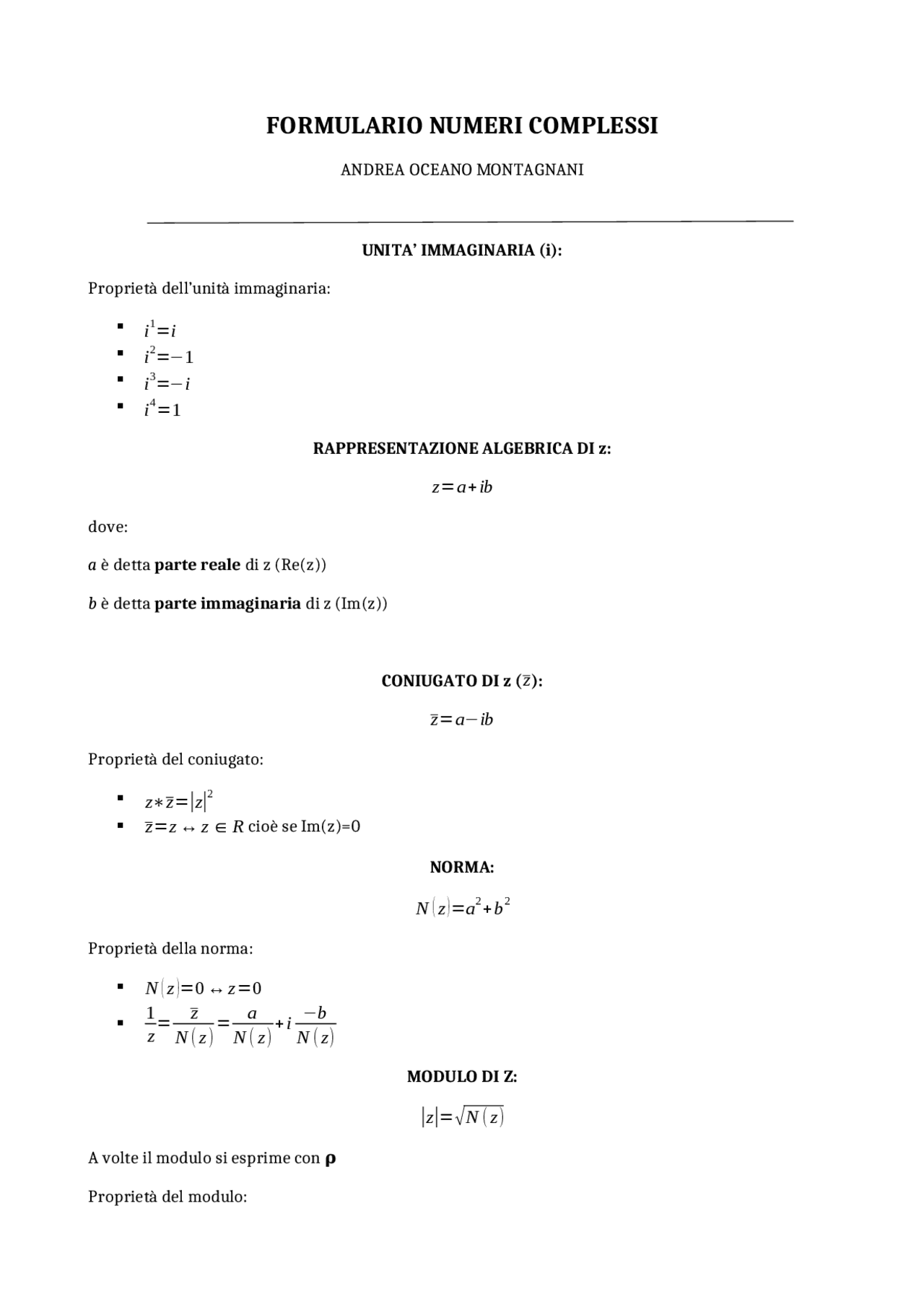 Formulario numeri complessi | Schemi e mappe concettuali di Algebra Lineare e Geometria ...