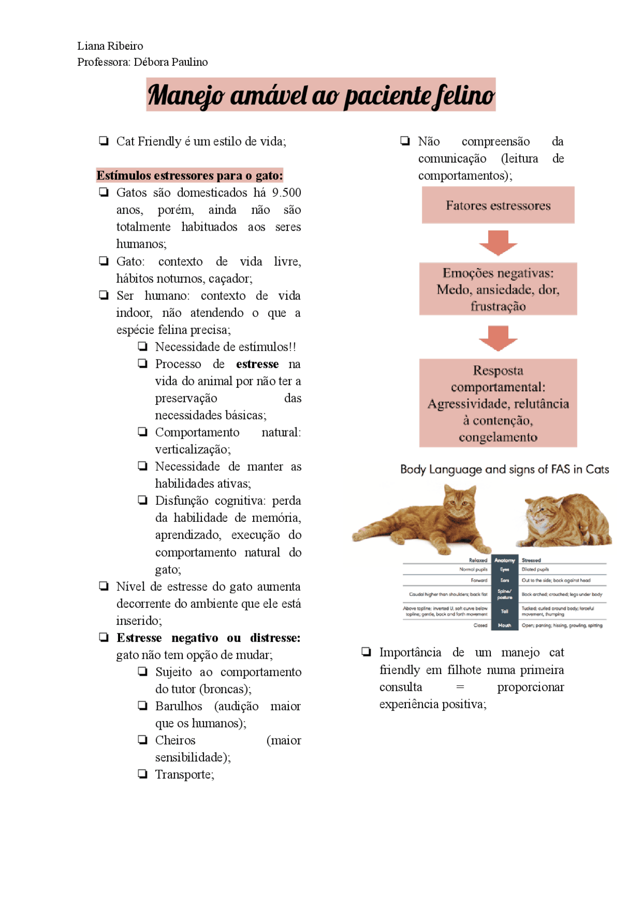 Manejo amável ao paciente felino | Resumos Medicina Veterinária | Docsity