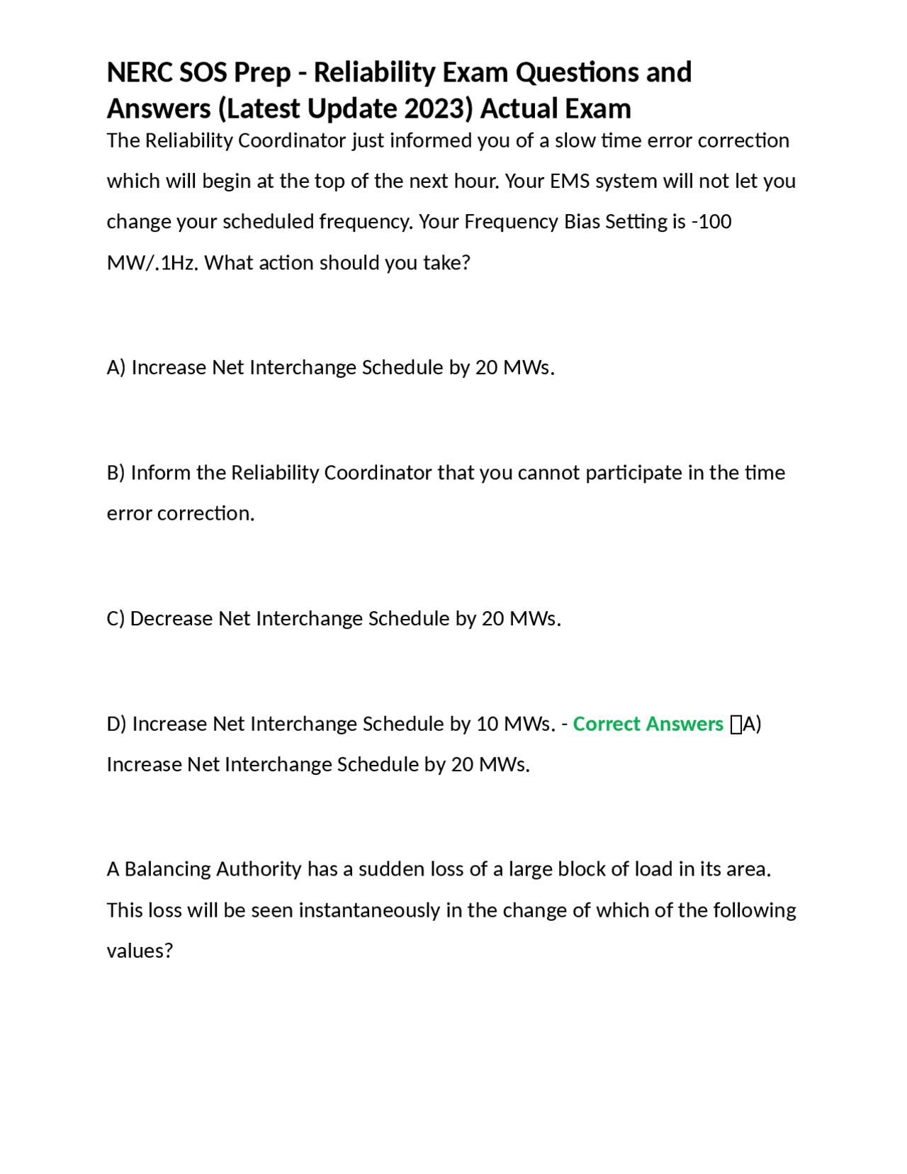 Nerc Sos Prep Reliability Exam Questions And Answers Latest Update
