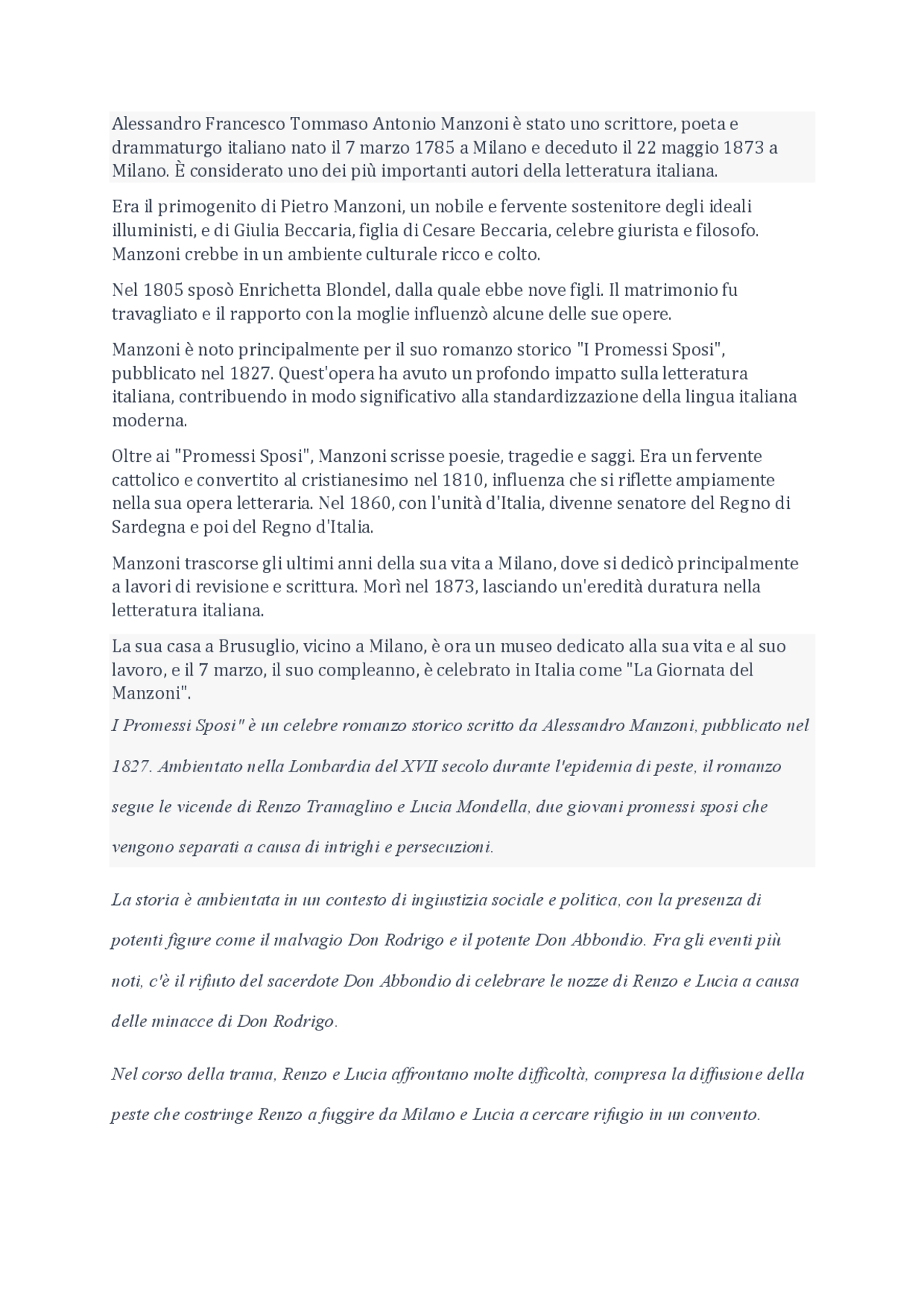 Alessandro manzoni vita e riassunto Promessi sposi | Sintesi del corso ...