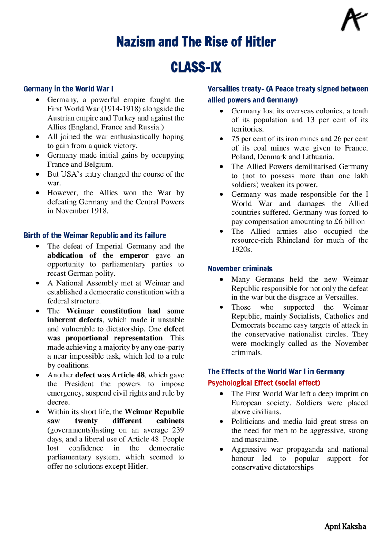 Nazism and rise of hitler notes | Study notes History | Docsity