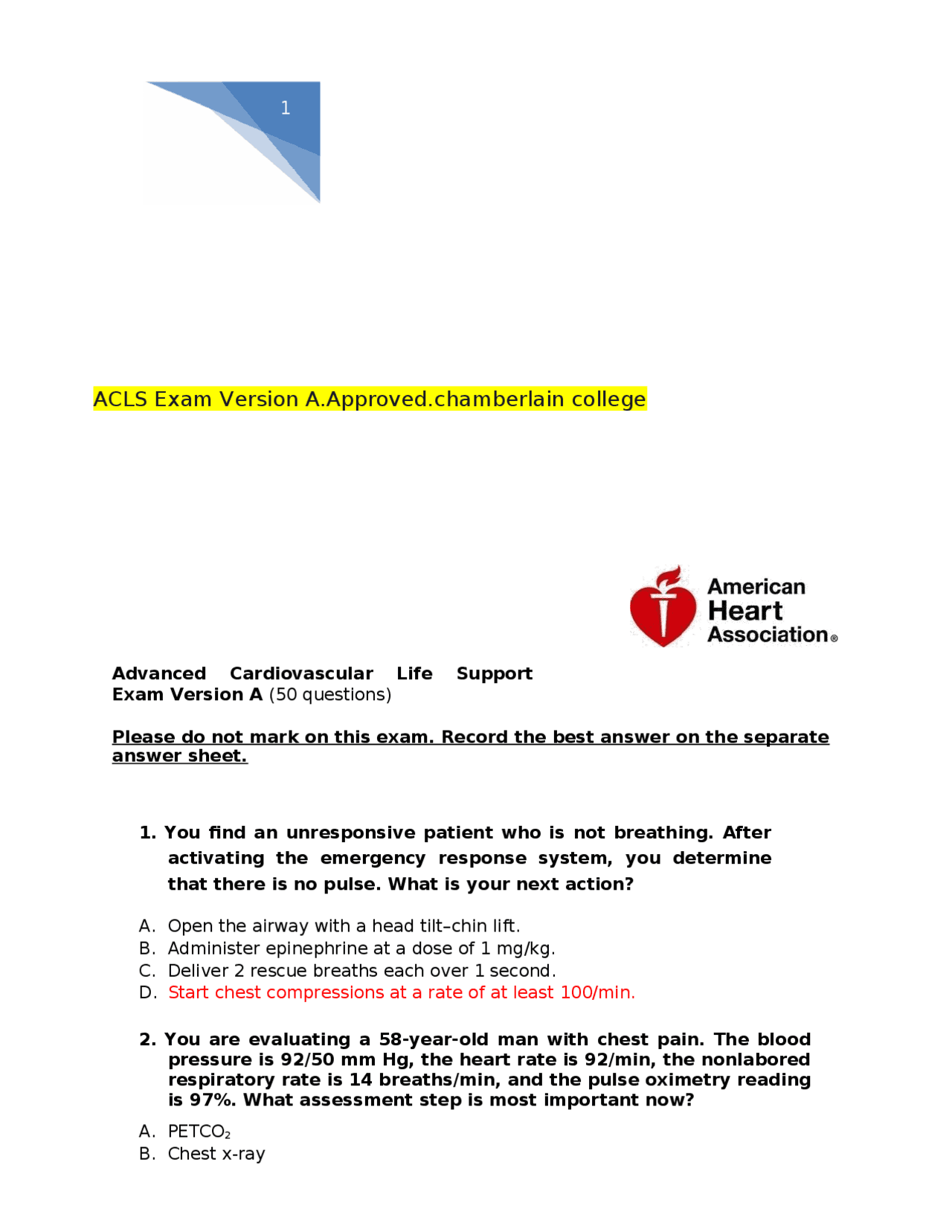 ACLS Exam 2 (Latest 2023 - 2024) Actual Questions and Answers 100% ...