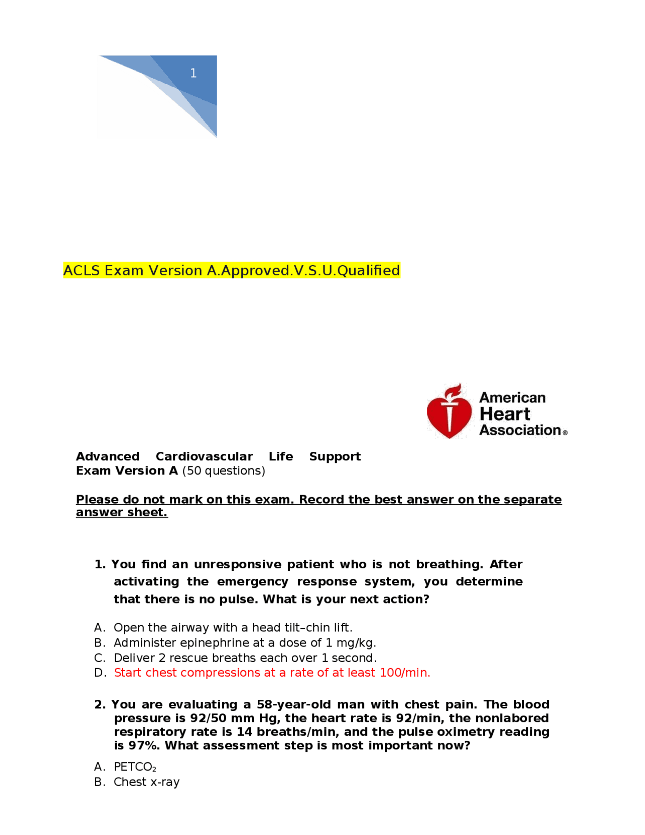 ACQ 120 Questions And Answers. V.S.U.Qualified | Exams Nursing | Docsity