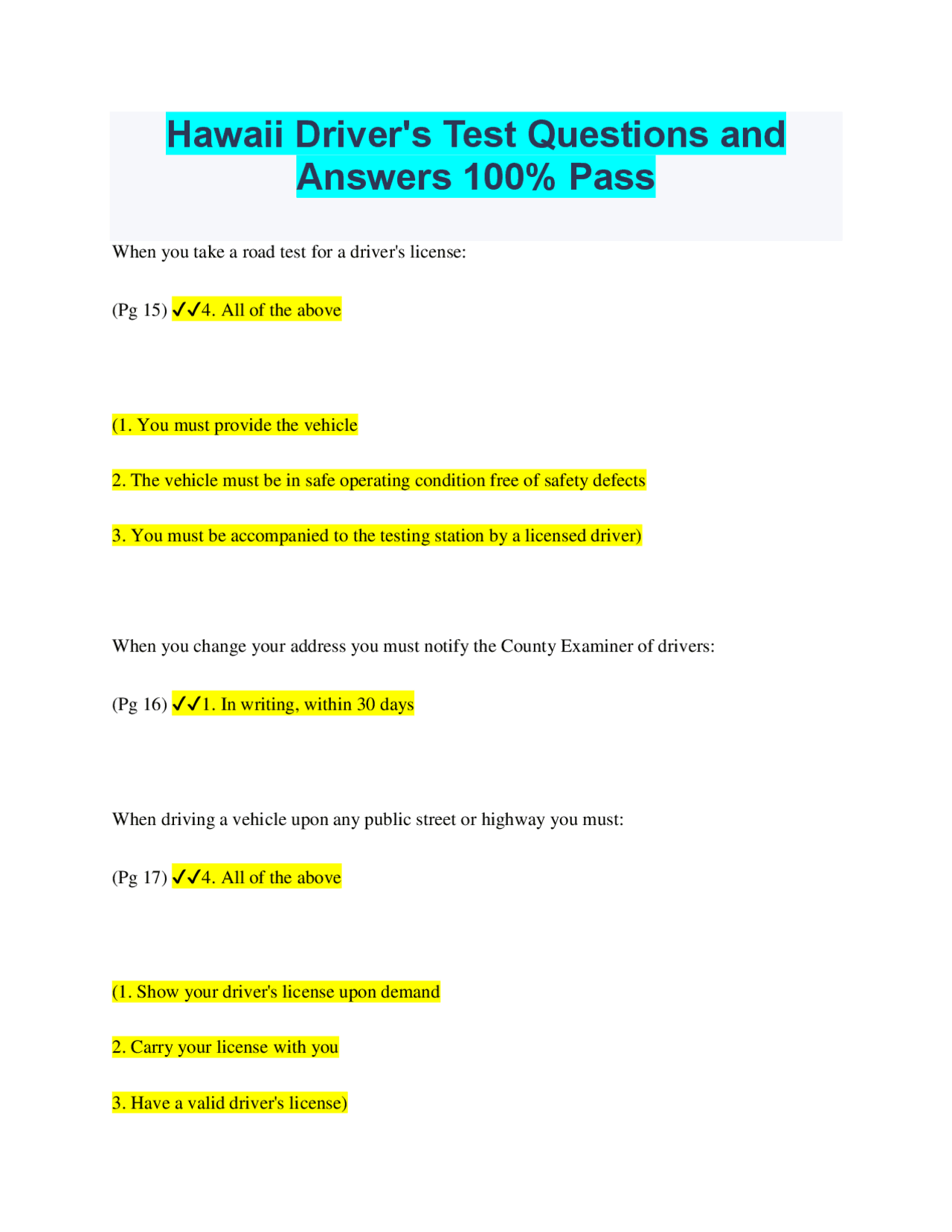 Hawaii Drivers Test Questions Andanswers 100 Pass Exams Advanced