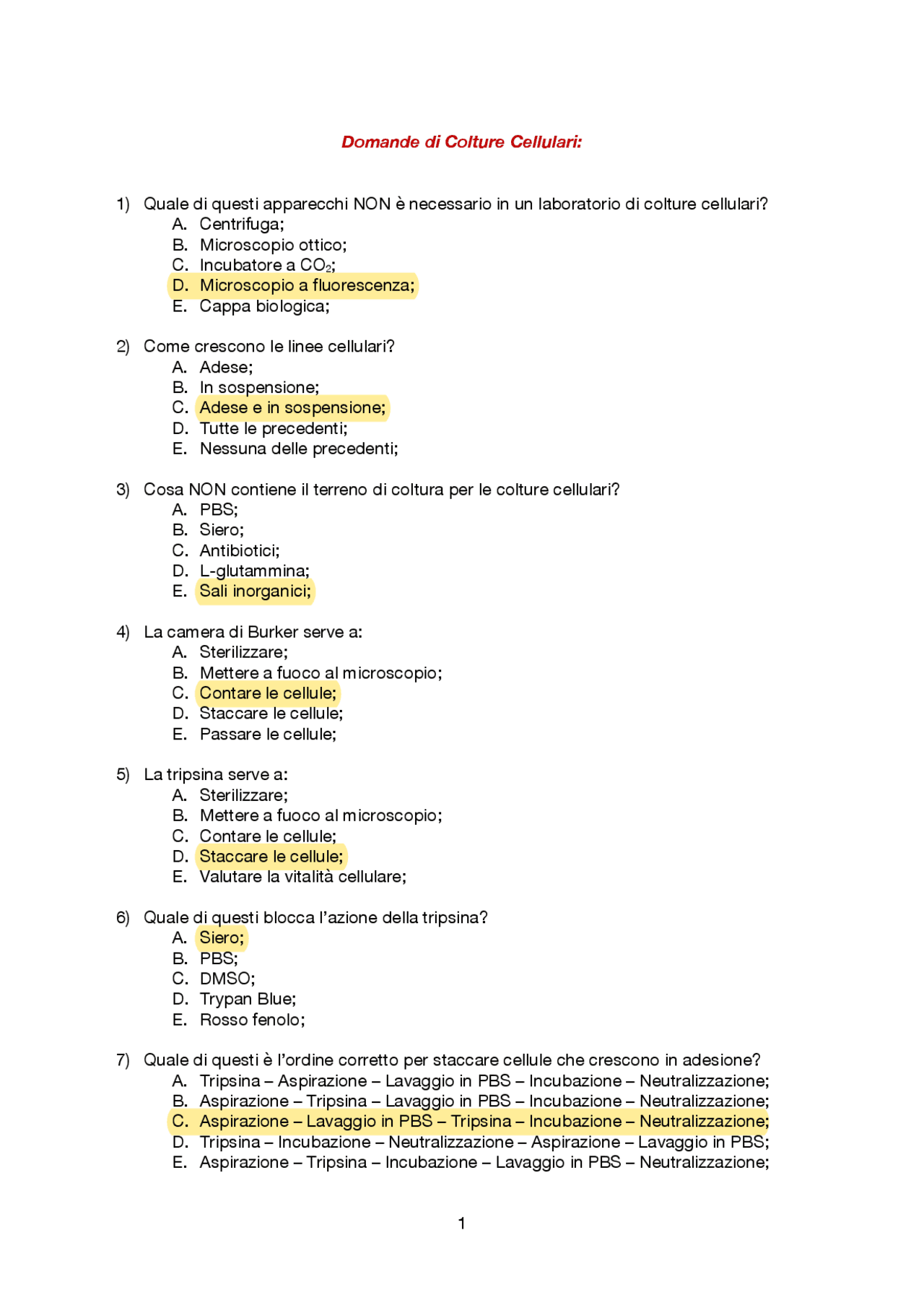 Domande Colture Cellulari Prove Desame Di Neuroscienze Cellulari