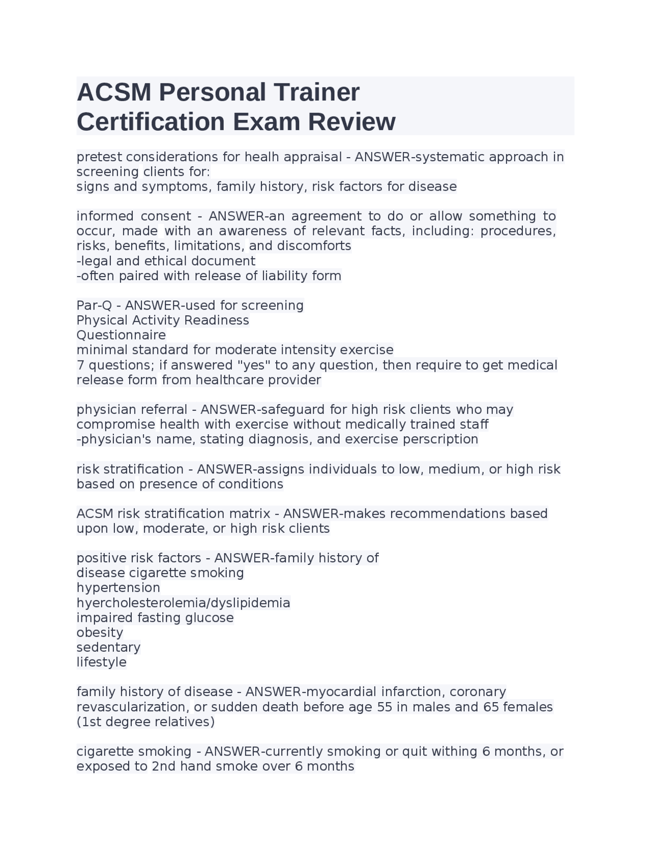 ACSM Personal Trainer Certification Exam Review 2023/2024 | Exams Nursing | Docsity