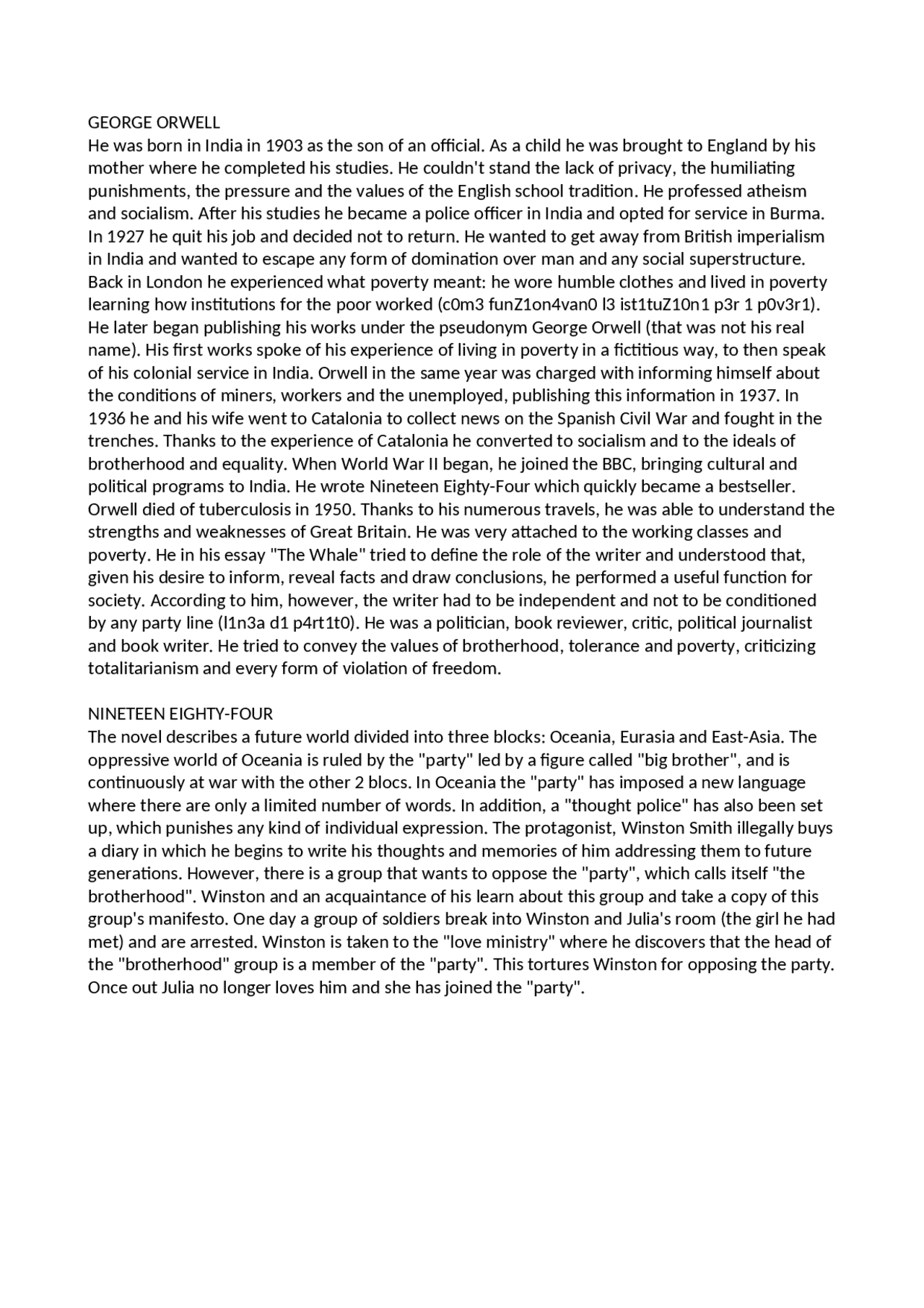 GEORGE ORWELL AND NINETEEN EIGHTY-FOUR SUMMARY (per liceo) | Schemi e ...