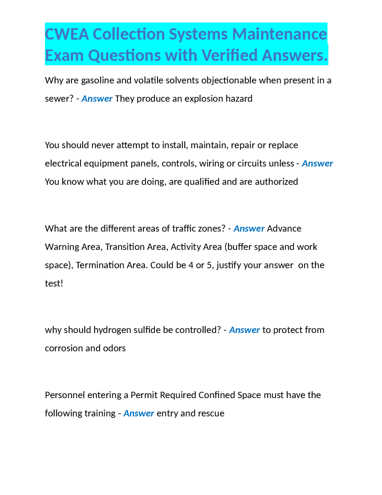 Cwea Collection Systems Maintenance Exam Questions With Verified Answers Exams Nursing Docsity