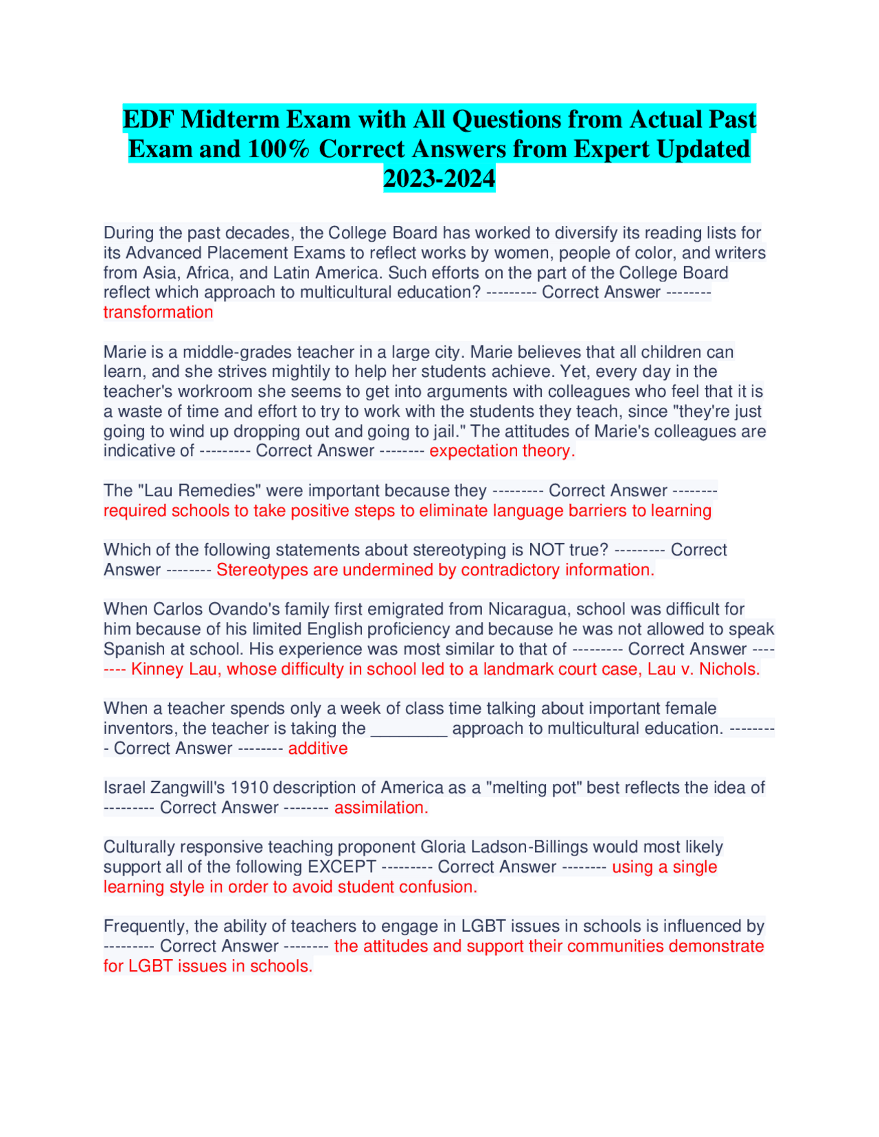 EDF Midterm Exam with All Questions from Actual Past Exam and 100% Correct Answers | Exams ...