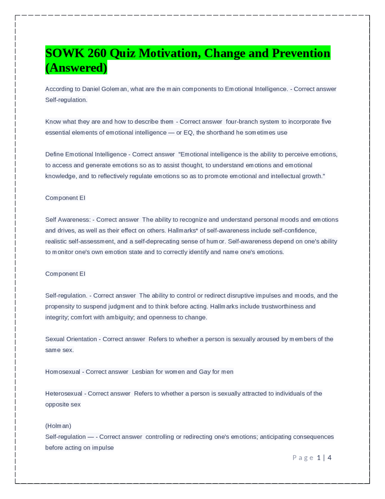 SOWK 260 Quiz Motivation, Change and Prevention (Answered) | Exams ...