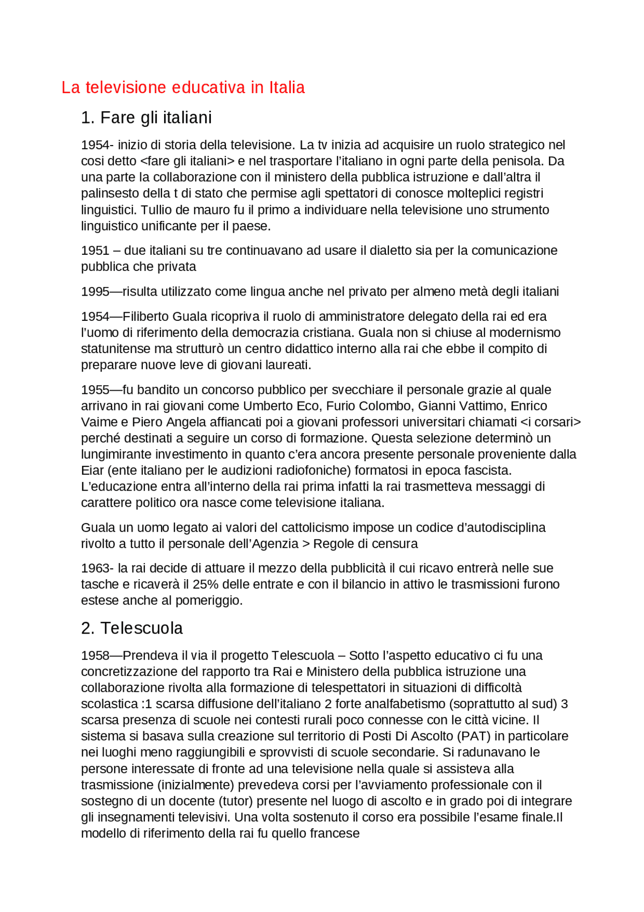 La Televisione In Italia Appunti Di Scienze Delleducazione Docsity