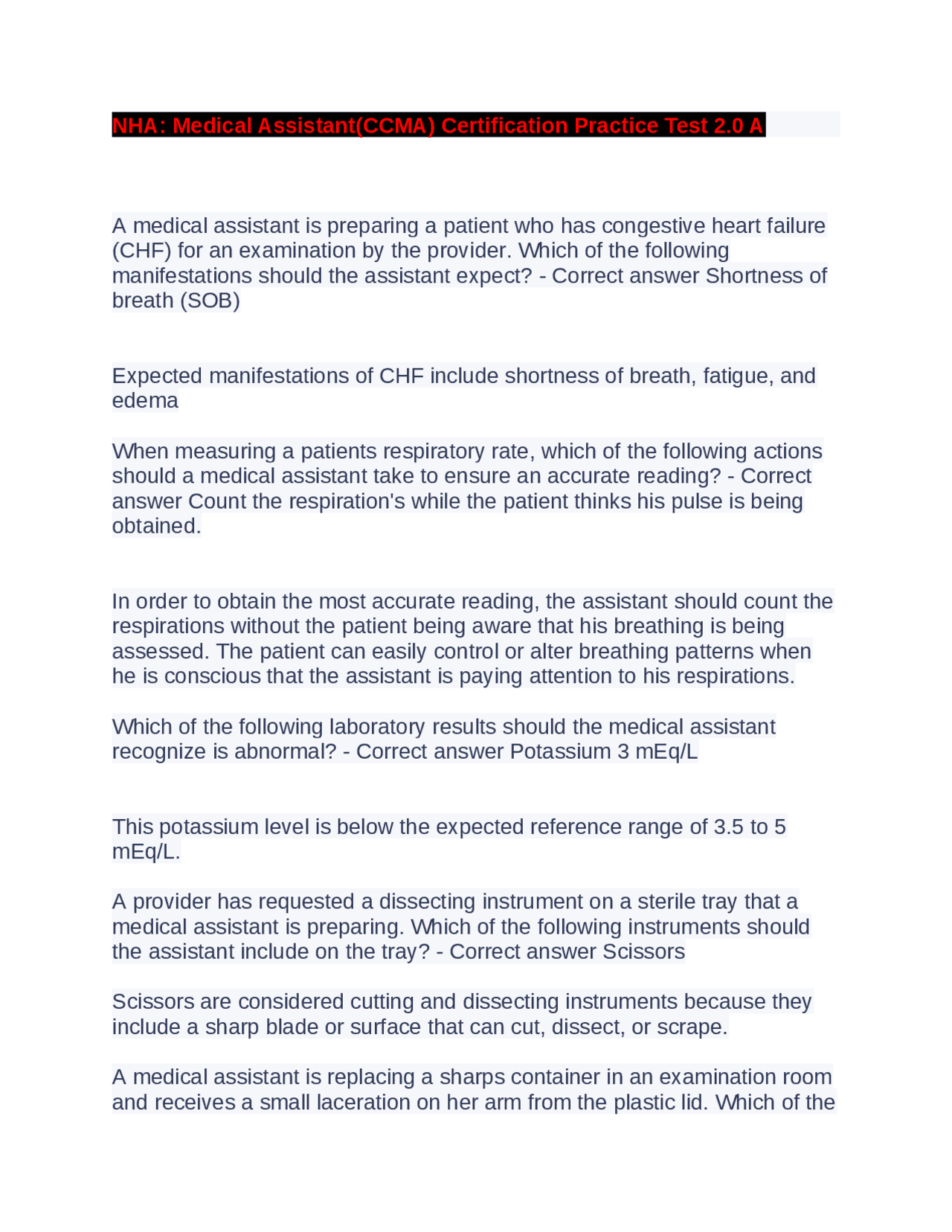 A Medical Assistant Predition Text Exams Nursing Docsity