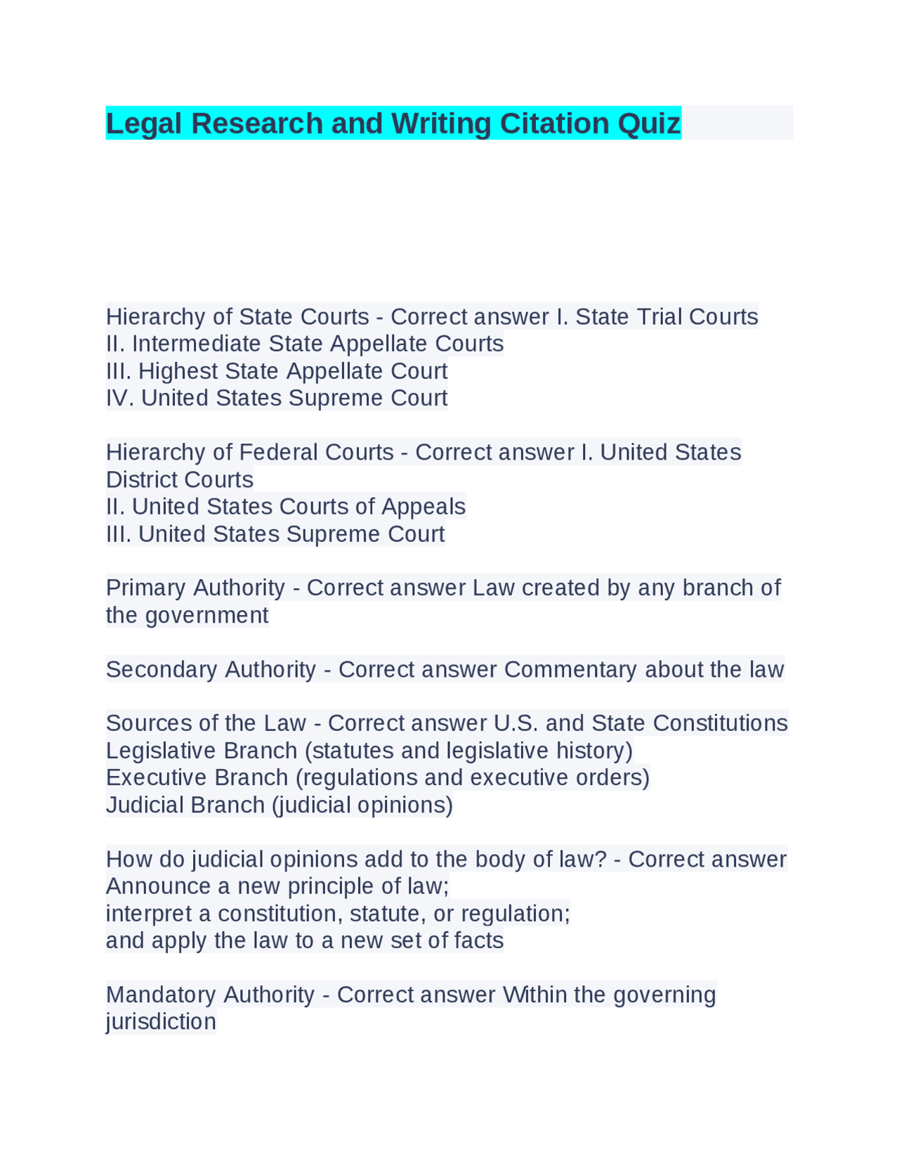 Legal Research and Writing Citation Quiz | Exams Law | Docsity